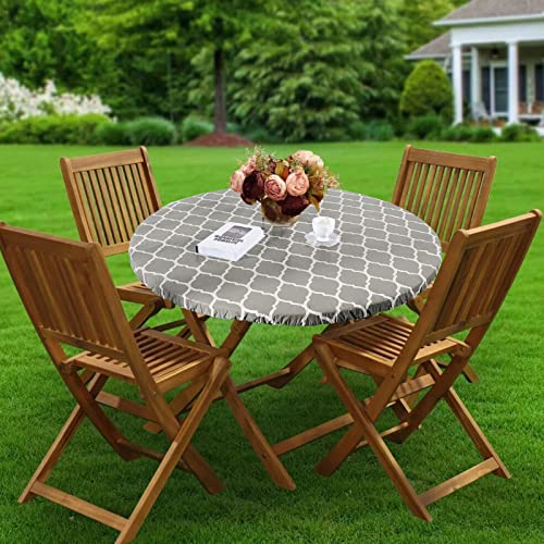 Zhuqing Heavy Duty Vinyl Round Fitted Tablecloth, Gray Moroccan Design, Spillproof Waterproof Elastic Table Cover with Flannel Backed Lining, Fits 40" to 44" Round Table,for Indoor/Outdoor Use