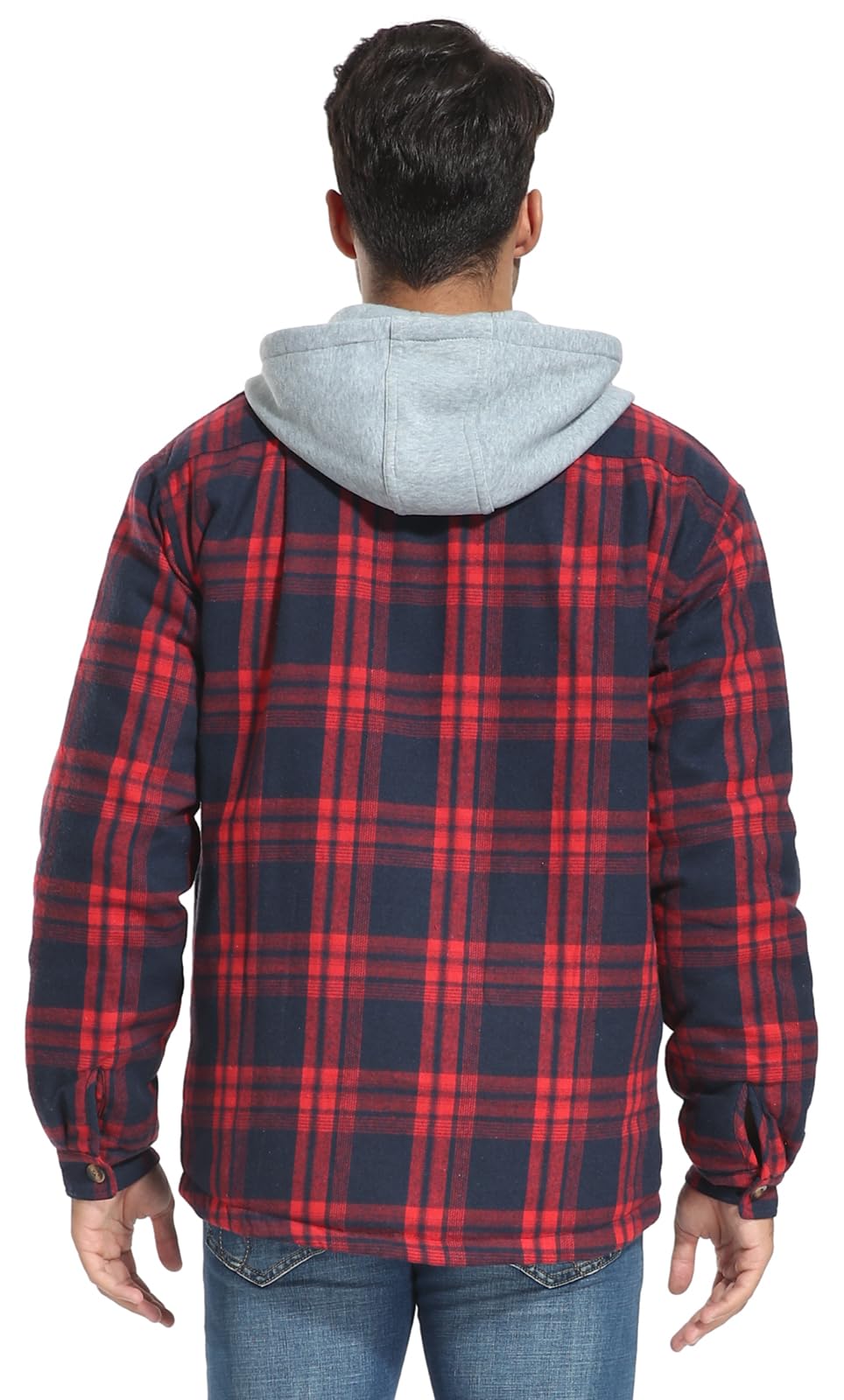 PEGENO Men's Long Sleeve Plaid Button Quilted Lined Flannel Shirt Jacket with Hood(Red Grid-US X-Large)