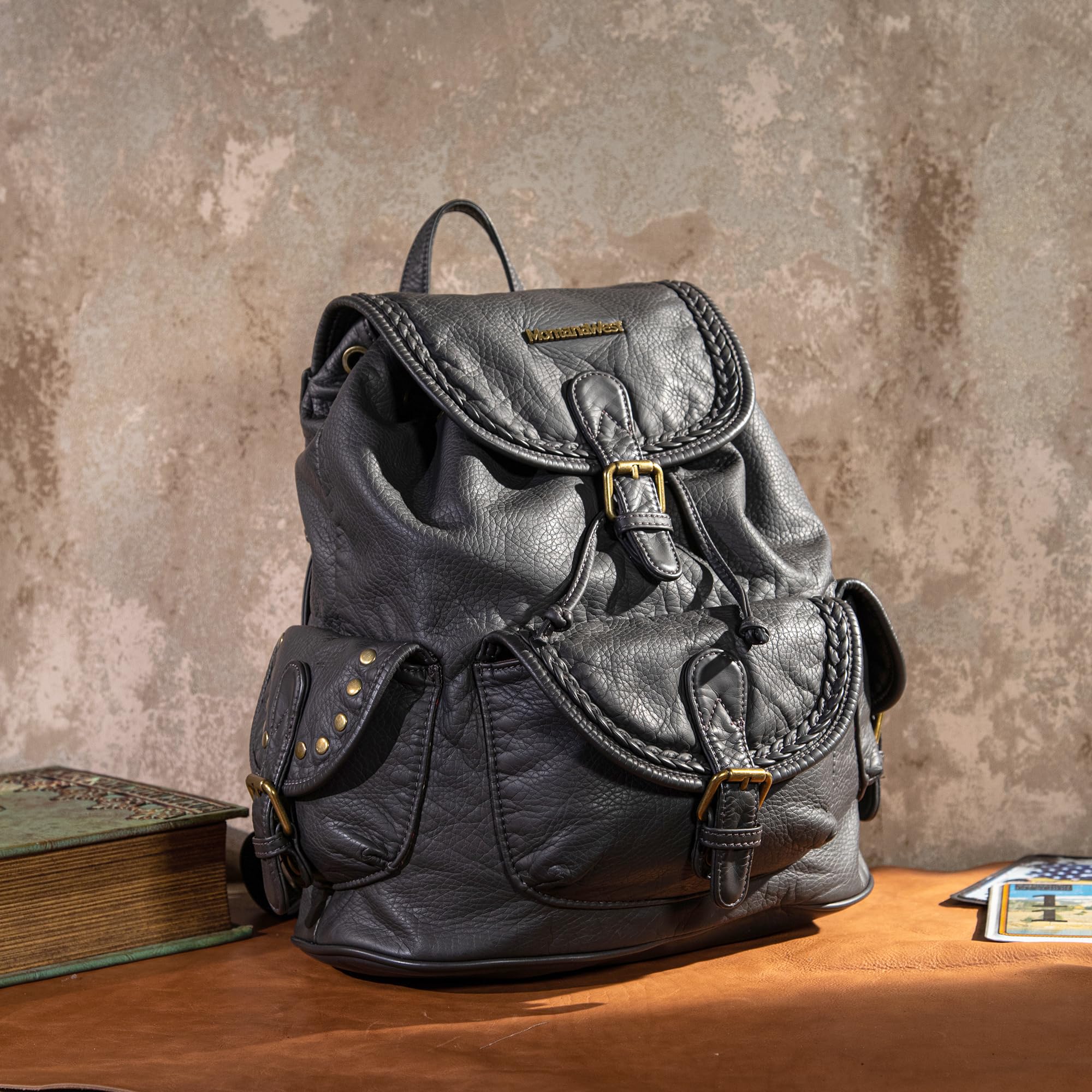 Montana West Rivet Vegan Leather Backpack for Women, Casual Daypack Shoulder Bag Purse with Hook for Travel MWC-191BK