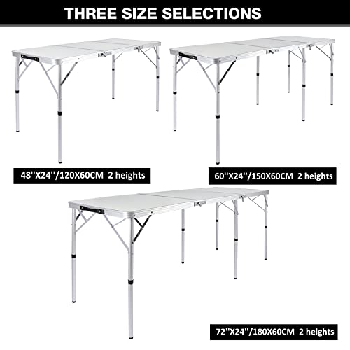 REDCAMP Tri-fold Aluminum Folding Table 4 Feet, Lightweight Portable Long Camping Table with Adjustable Heights Legs, Foldable for Indoor Outdoor Picnic, White
