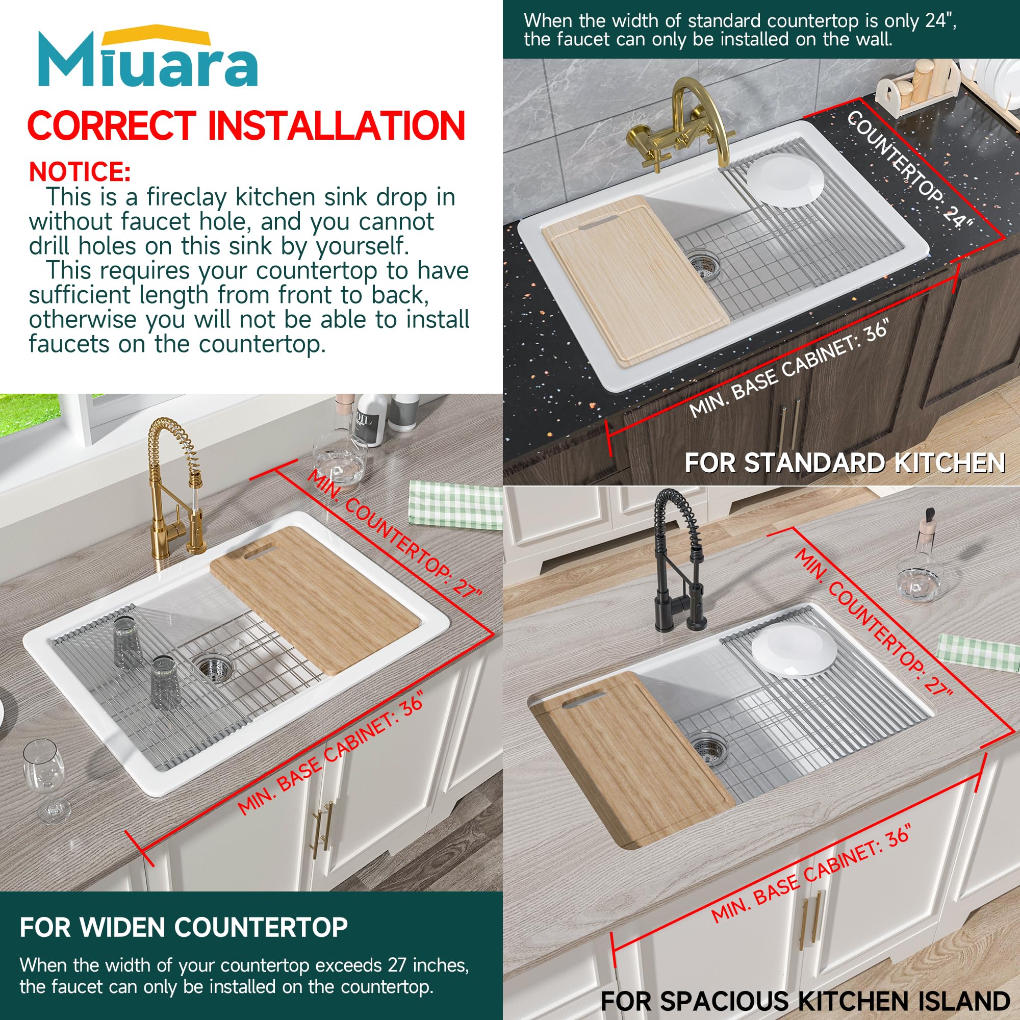 Miuara White Workstation Kitchen Sink 33 Inch - Large Undermount Kitchen Sink 33"x22", 9" Deep White Kitchen Sink Drop In, Single Bowl Topmount Fireclay Sink for Kitchen, with 4 Custom Accessories