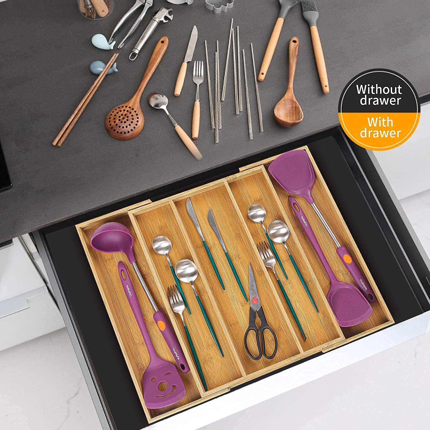 Utoplike In-drawer Knife Block Bamboo Kitchen 16 Knifes Drawer Organizer and Flatware Expandable Cutlery Organizer Tray Set