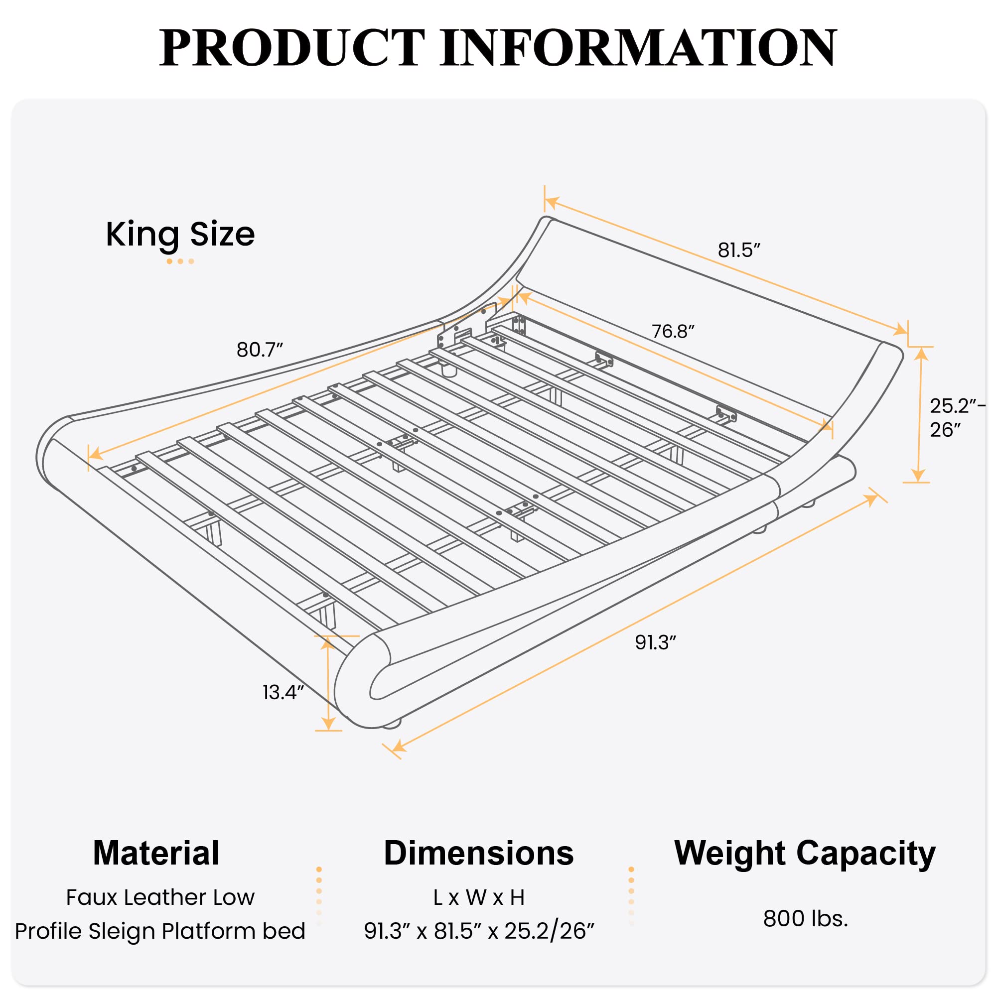 SHA CERLIN King Size Bed Frame Luxury Wave-Like Modern Upholstered Low Profile Platform Bed, Faux Leather Sleigh Bed with Adjustable Headboard, No Box Spring Needed, Black