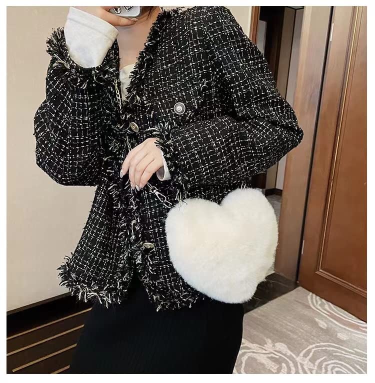 Women Cute Plush Crossbody Bag Cute Heart Shaped Cellphone Fluffy Shoulder Bag for girls (white)