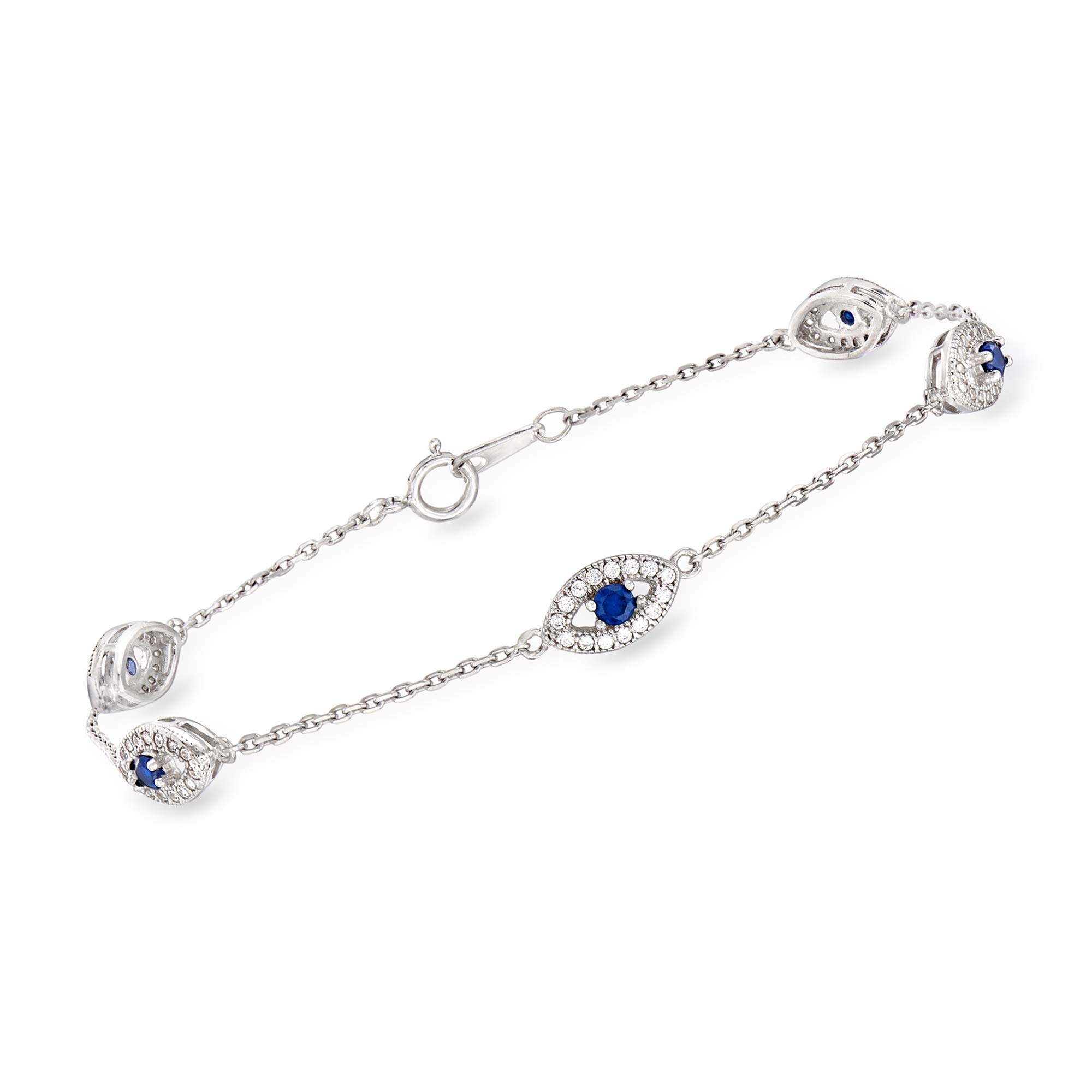 Ross-Simons 0.30 ct. t.w. CZ and .20 ct. t.w. Simulated Sapphire Evil Eye Station Bracelet in Sterling Silver. 7 inches