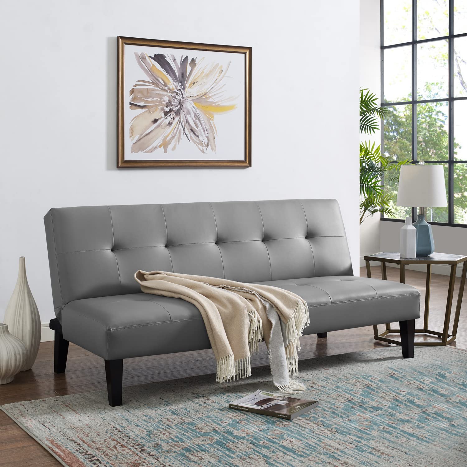 Naomi Home Durable Futon: Perfect for Both Couch Bed and Small Futon Sturdy Build Modern Faux Leather Futon Couch - Low-Maintenance Upholstery - Customizable Positions - Easy AssemblyGray