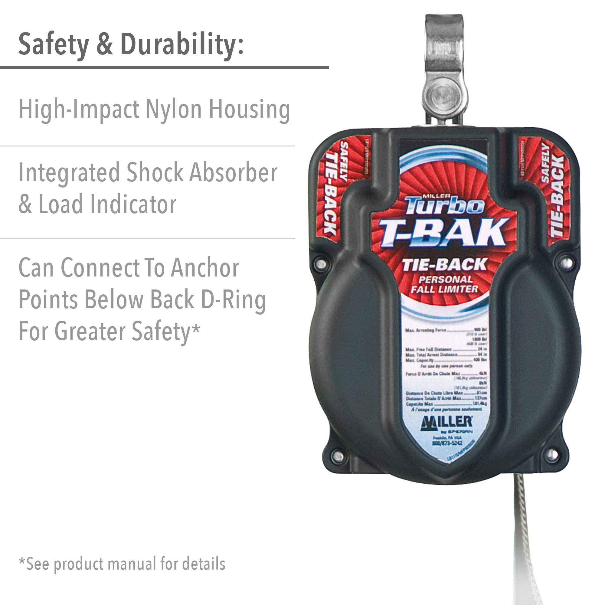 Miller Honeywell Home Miller Turbo T-BAK 7.5-Foot Tie-Back Personal Fall Limiter with Aluminum Twist-Lock Carabiner (MFLT-3/7.5FT)
