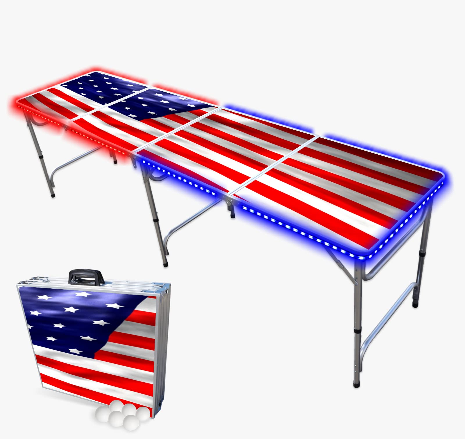 PartyPong 8-Foot Folding Beer Pong Table w/LED Lights - USA Edition