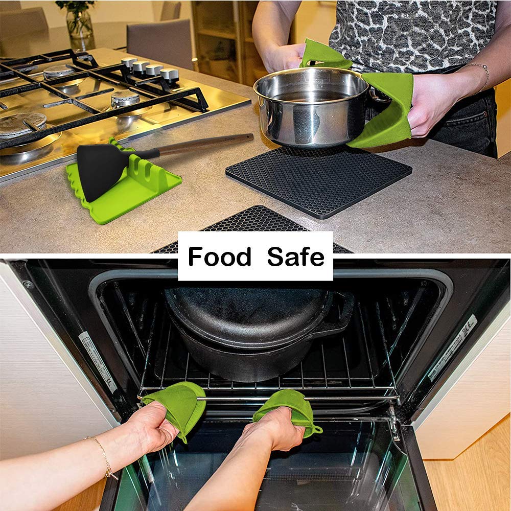 Silicone Utensil Rest with Drip Pad and Silicone Double Finger Grips, Heat-Resistant 410β, BPA-Free Spoon Rest & Spoon Holder for Stove Top, Spoon, Ladle, Spatula (Green)