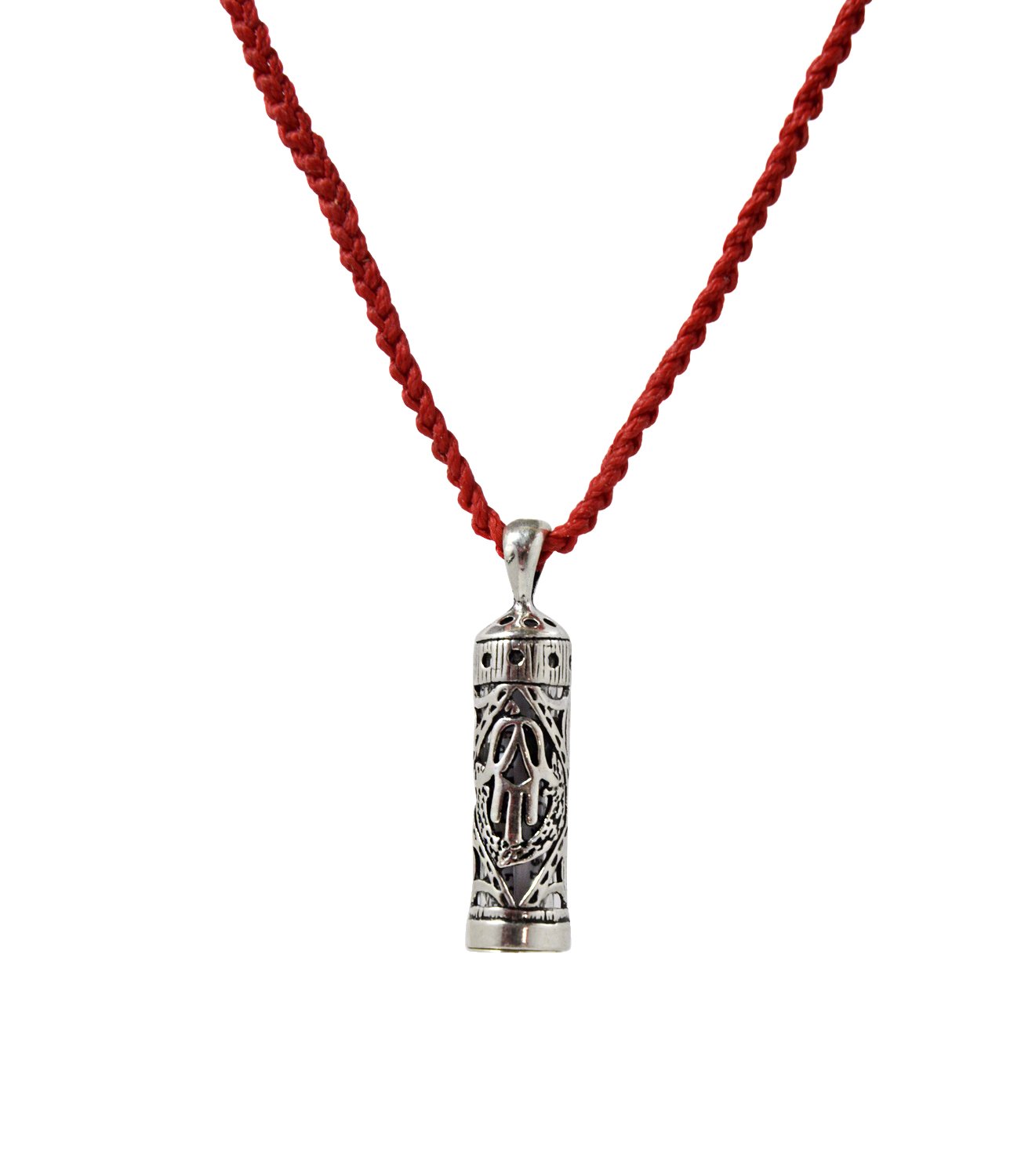 MIZZE Made for Luck Women's Traveler's Prayer in Sterling Silver Mezuzah Prayer Box on Red Knitted Necklace