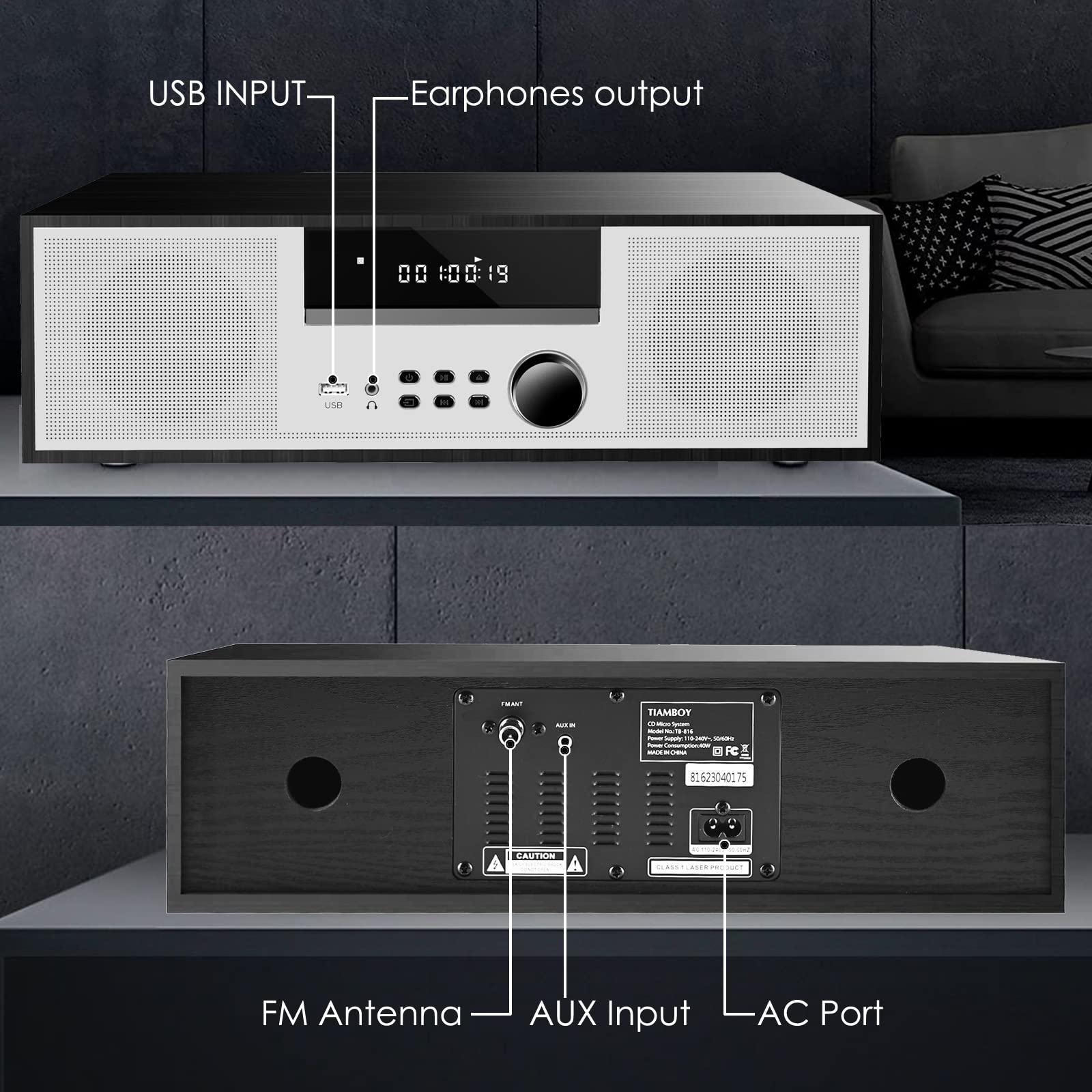 Vintage Home CD Stereo System, 40W RMS Micro Component with CD Player, Bluetooth, USB Playback, FM Radio, AUX-in & Earhpones Output, Clear Sounds & Rich Bass (TB-816 Black)