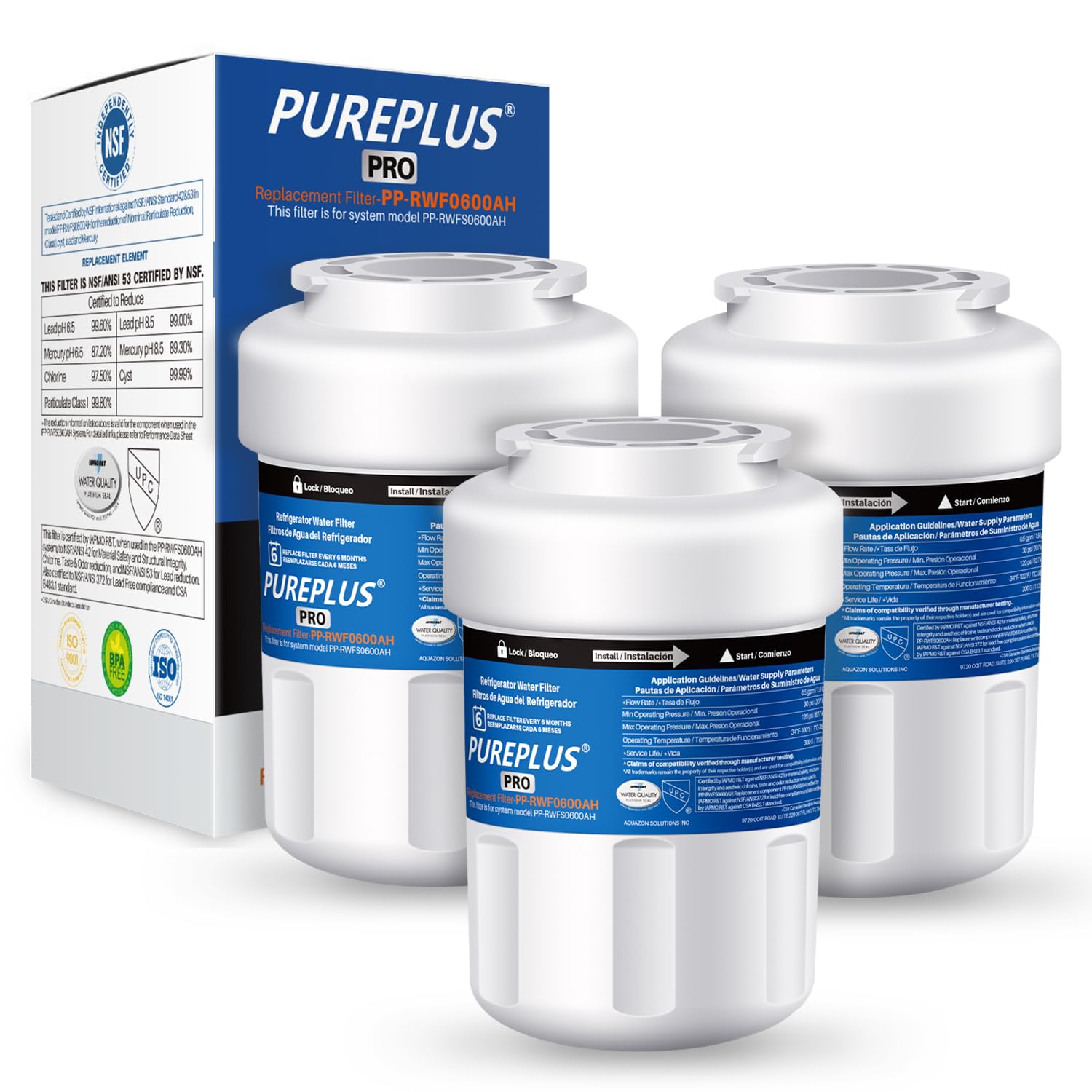 PUREPLUS PRO MWF NSF 53&42 Certified Water Filter Replacement for GE SmartWater, HDX FMG-1, MWFP, MWFA, PL-100, WFC1201, RWF0600A, PC75009, RWF1060, 197D6321P006, Kenmore 469991 Refrigerator, 3Pack