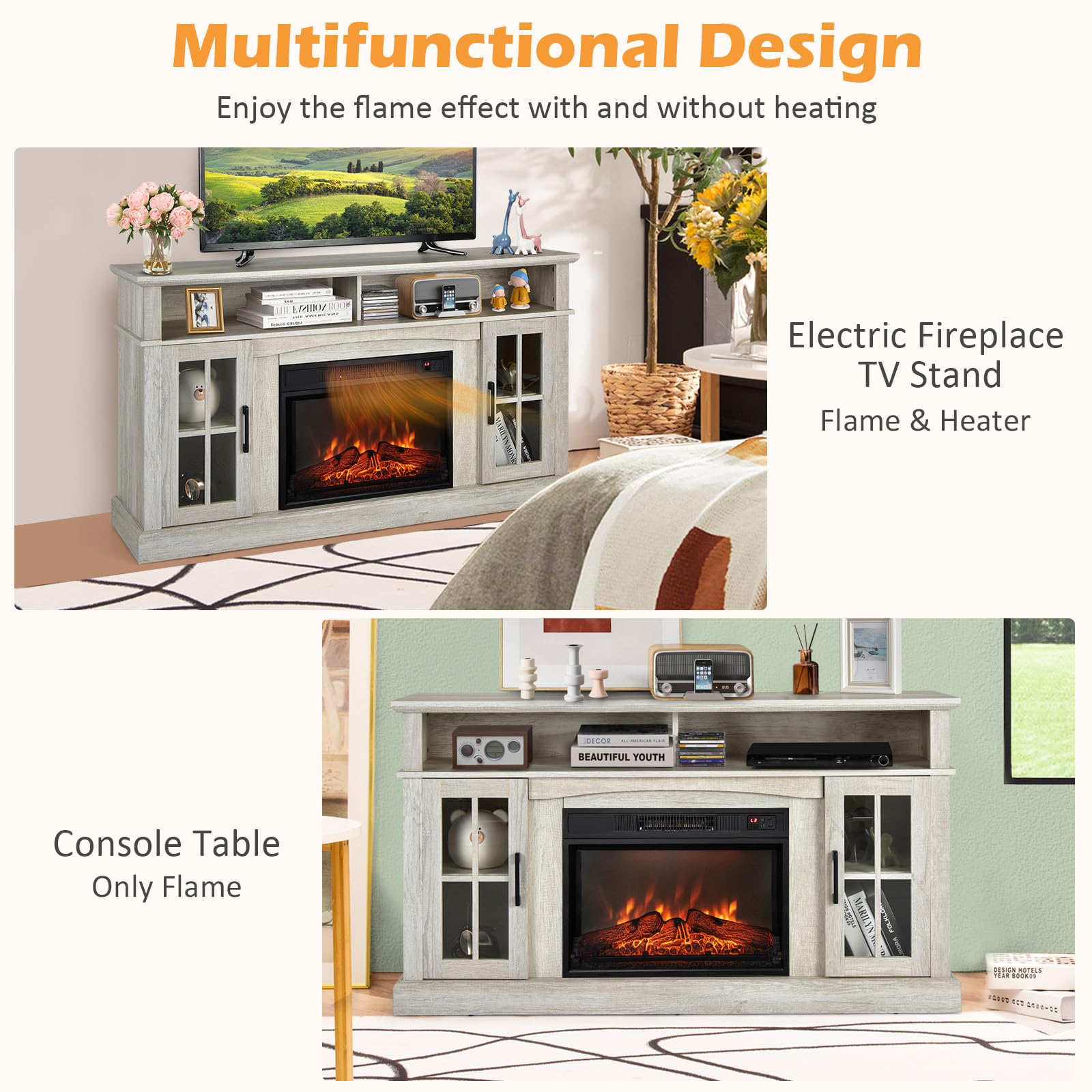 Tangkula Fireplace TV Stand for TVs Up to 65 Inch, Electric Fireplace TV Console w/Remote Control, Overheat Protection, 3-Level Adjustable Brightness, TV Entertainment Center w/23β Fireplace