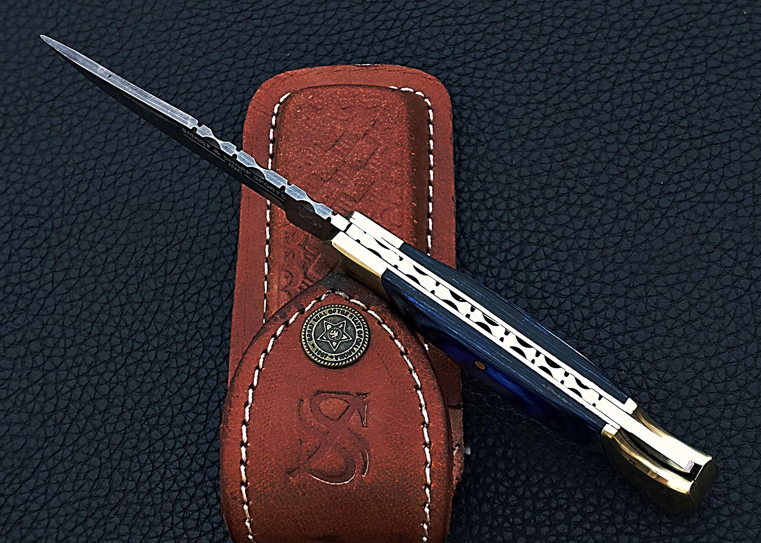 Smart & Sharp Custom Handmade Damascus Steel Folding Knife/Pocket Knife AR-17395 (Blue Colored wood) (blue)