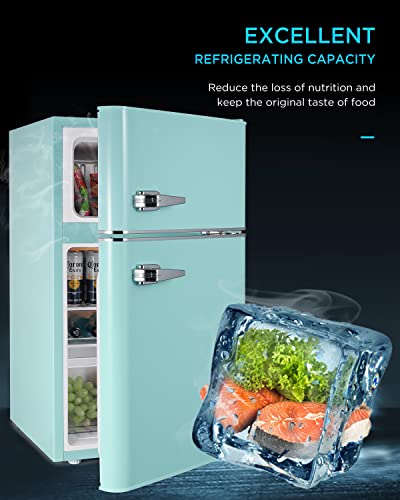 WATOOR 3.2 CU. FT. Mini Refrigerator With Freezer - Removable Glass Shelves and Basket - 7 Temp Setting - Small Drink Food Storage Cooler for Office, Dorm, Apartment, Bedroom, Mint Green