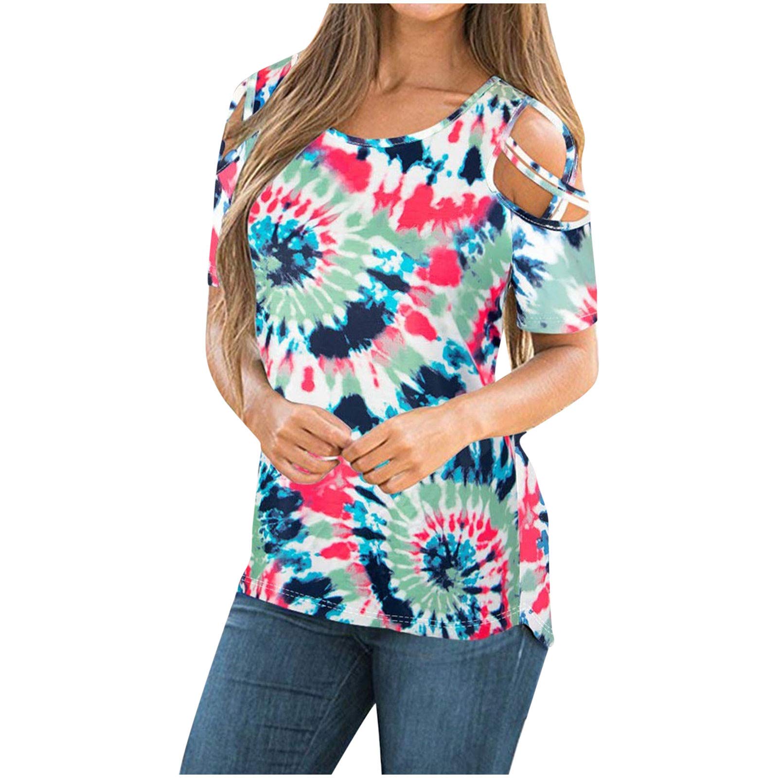wodceeke Women's Short-Sleeved Off-Shoulder T-Shirt Tie Dye Plus Size Round Neck Tee Summer Casual Tops (Light blue, M)