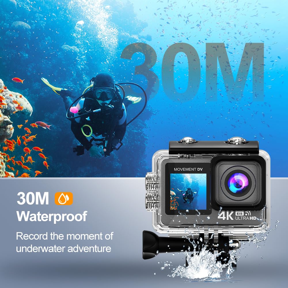 REEDTOCK Action Camera with Touch Screen, 4K60FPS 30MP Dual Screens, Underwater Waterproof Camera with Remote Control EIS WiFi 5X Zoom, 2 Batteries Dual Charger