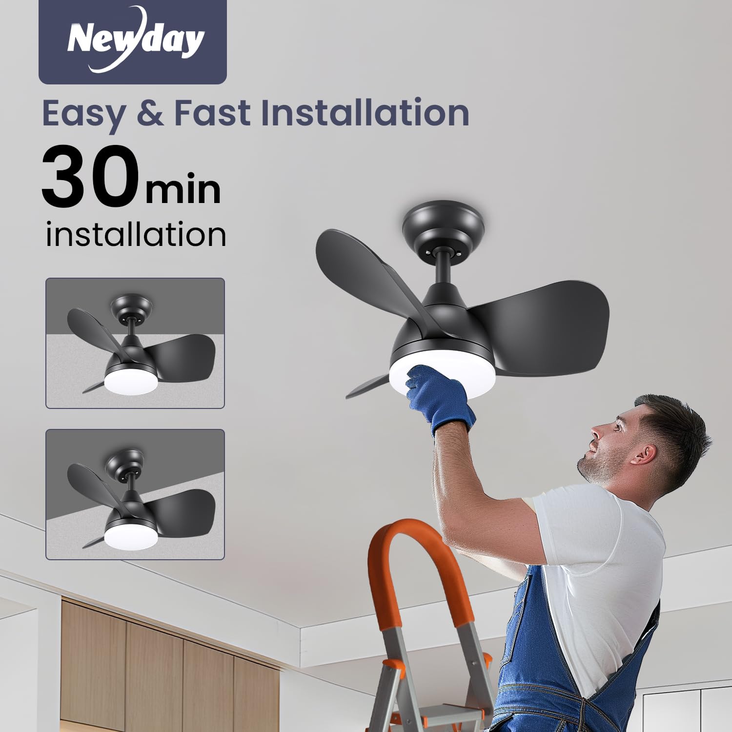 Newday Ceiling Fan with Lights Remote Control, 22 inch Quiet DC Motor Small Ceiling Fans, Dimmable Ceiling Fan for Bedroom, Kids Room, Kitchen (Black)