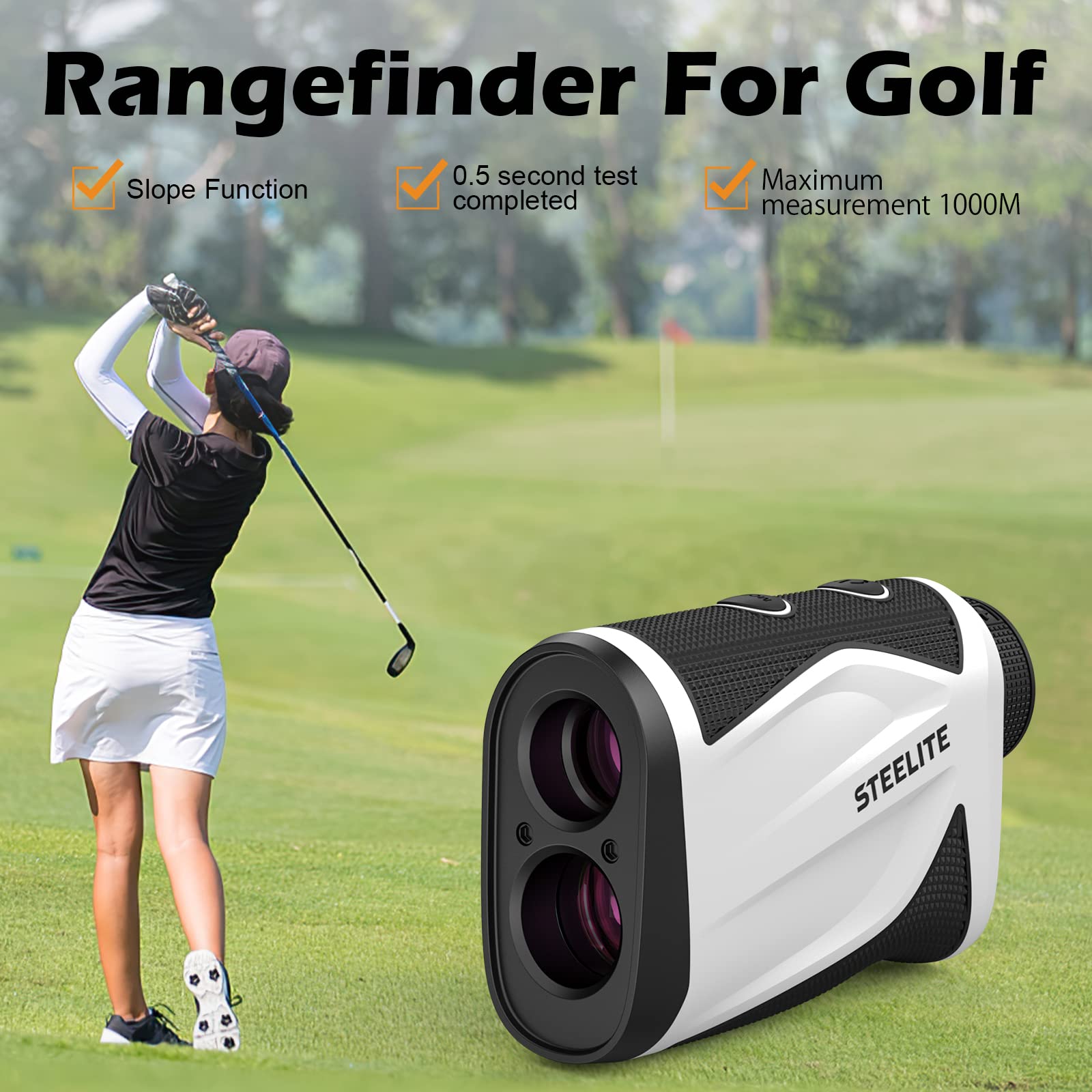 Steelite Laser Rangefinder for Golf & Hunting 1100 Yards Range Finder with Rechargeable Battery and Slope Switch, High Precision Flag Pole Locking, Pulse Vibration, 6X Magnification, ±1 Yard Accuracy