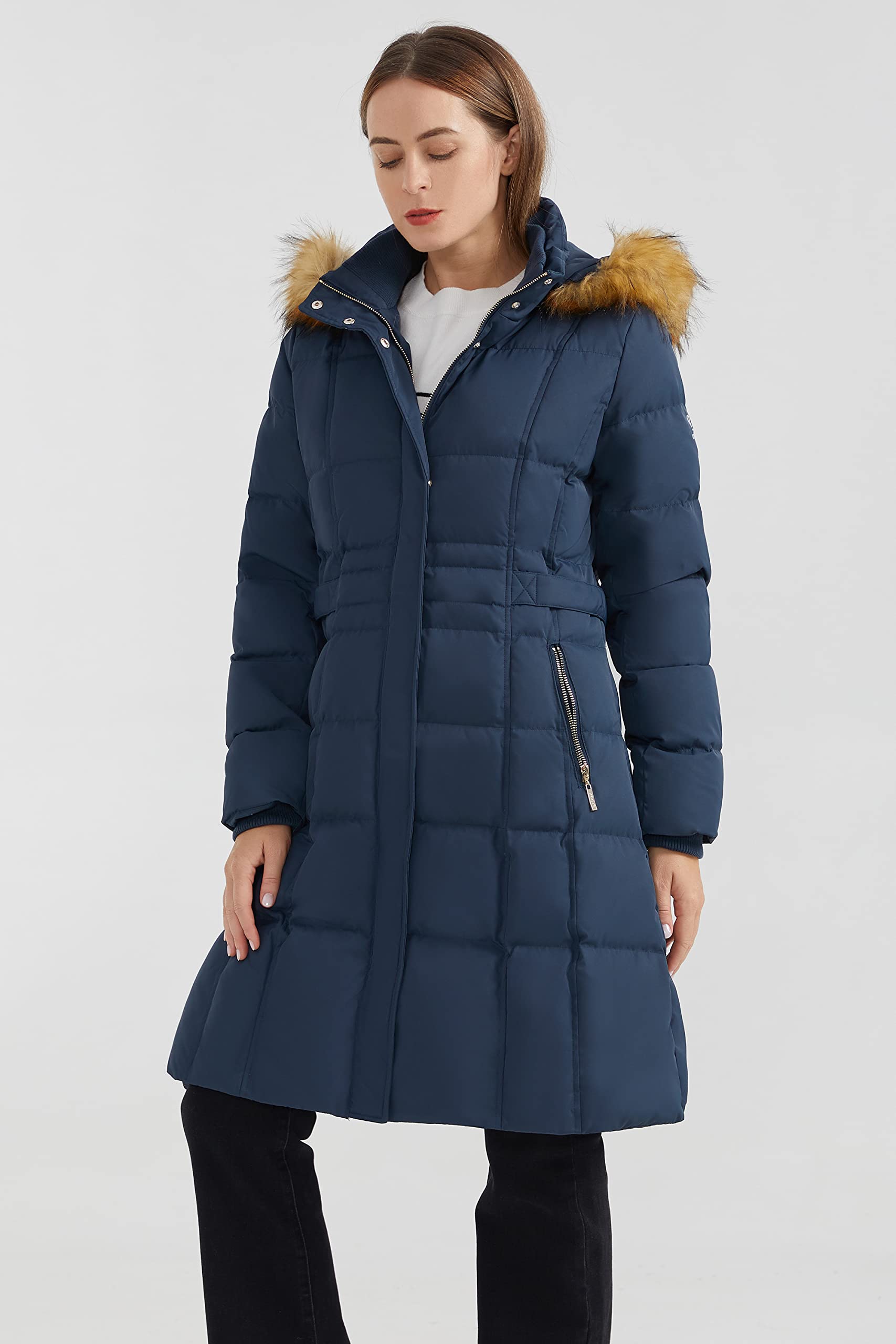 Orolay Quilted Down Jacket Women Winter Long Coat Puffer Jacket with Fur Hood Navy L
