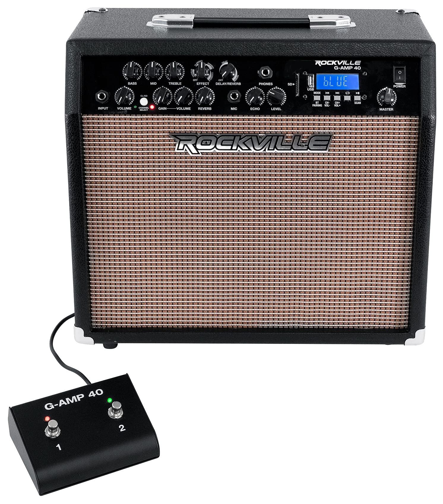 Rockville G-AMP 40 Guitar Combo Amplifier Amp Bluetooth/Mic in/USB/Footswitch Bundle with Rockville RMC-XLR High-End Metal DJ Handheld Wired Microphone Mic w (2) Cables