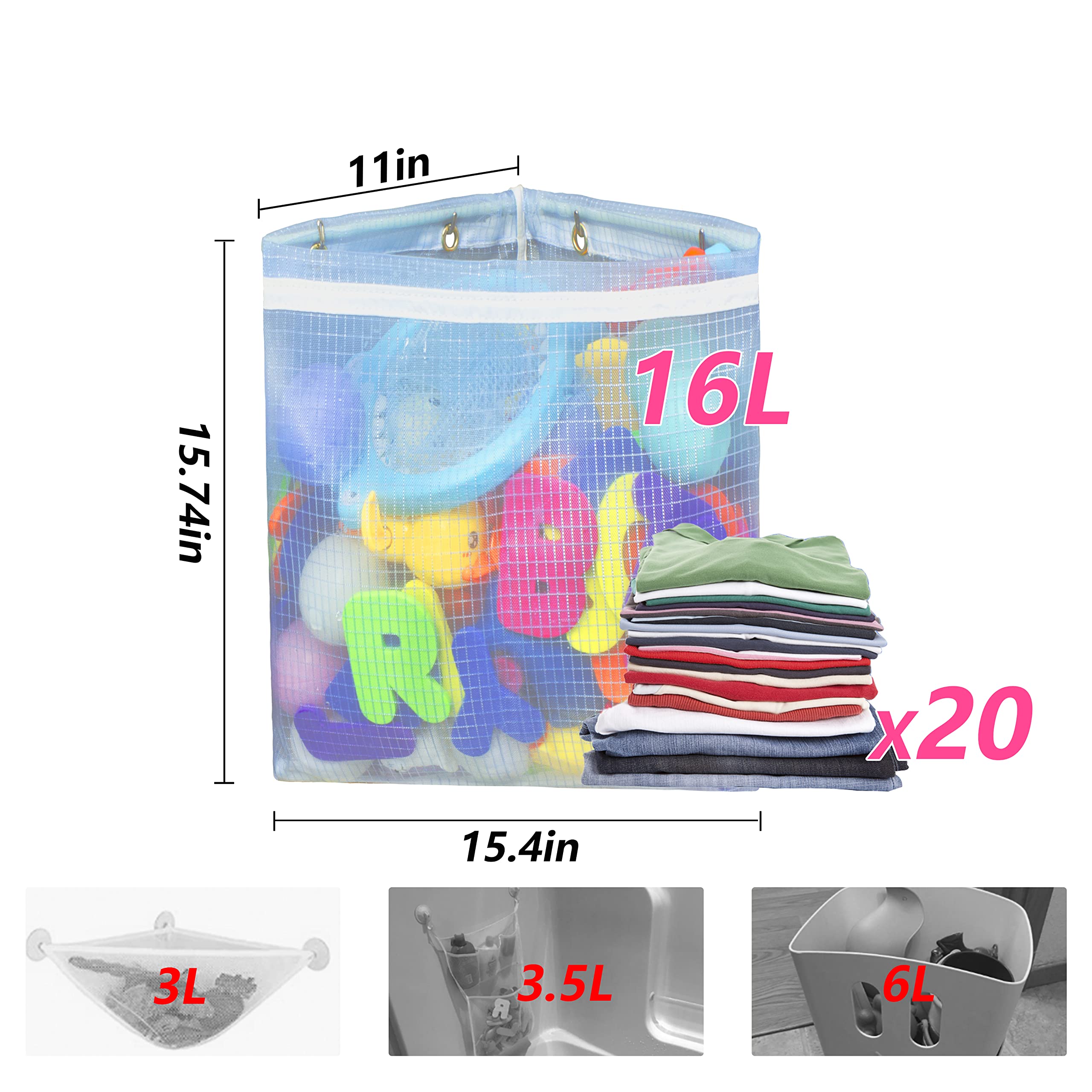 ππππππ ππππ‘ Toy Corner Storage , Hanging Bath Toy Storage for Baby Toys with Adhesive Hooks, Can Hold Up to 16 L, Large Bath Toy Storage for Toddlers 15.74*11*11in