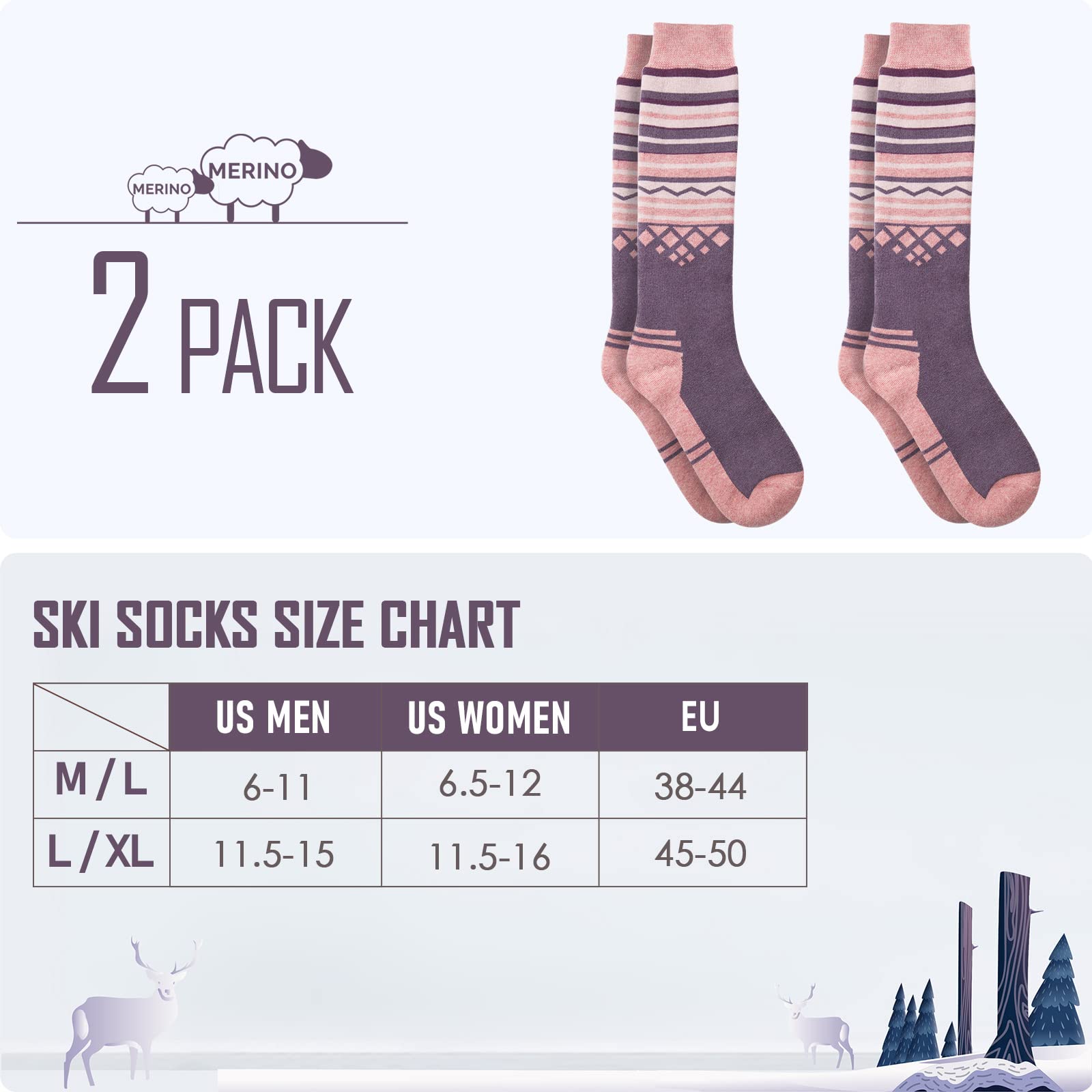 OutdoorMaster Ski Socks 2-Pack Merino Wool, Non-Slip Cuff for Men & Women - Fringes, L/XL