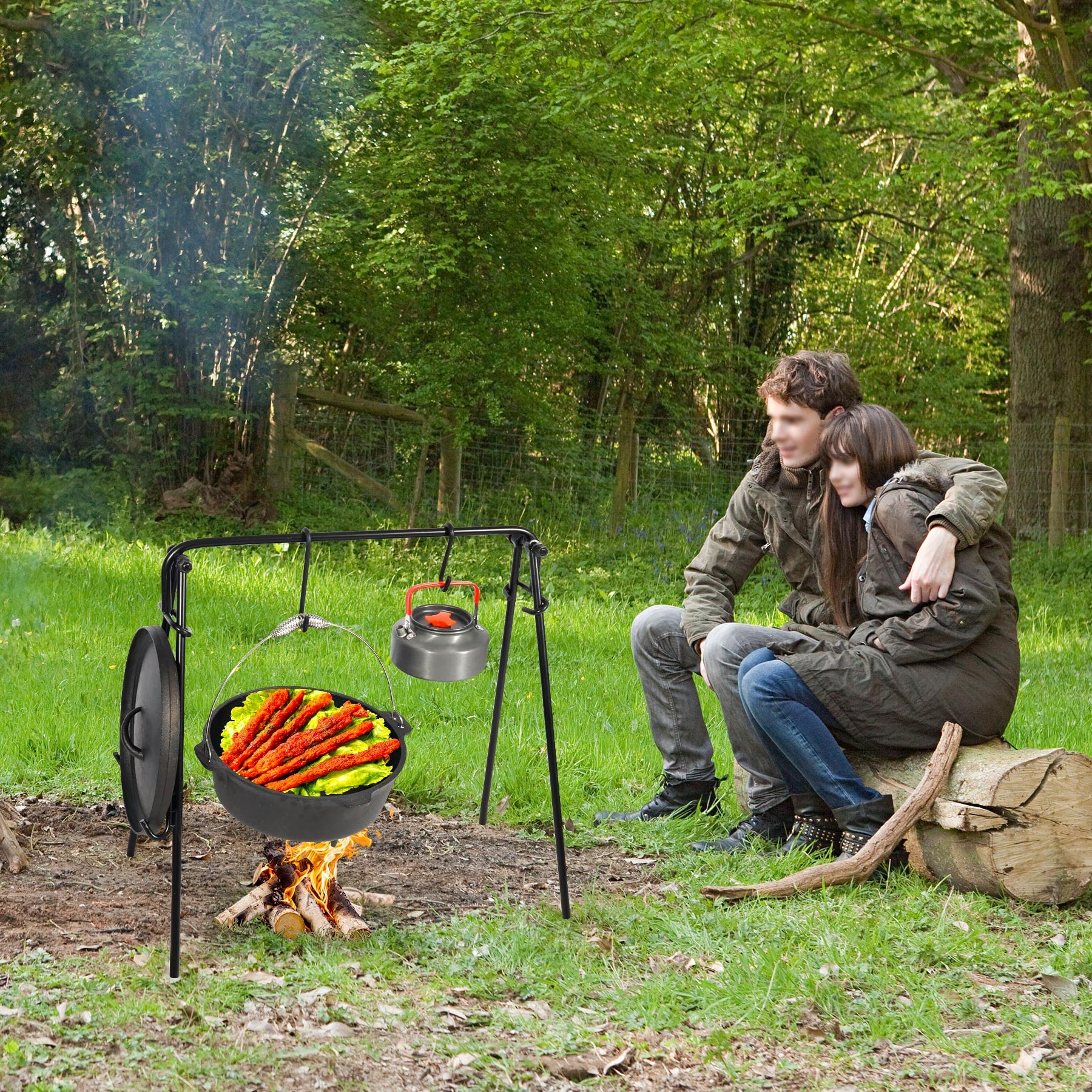 REDCAMP Campfire Cooking Stand, Portable Grill Swing with Hooks and Accessories, Cookware Hanging Rack for Cookware & Dutch Oven,Small