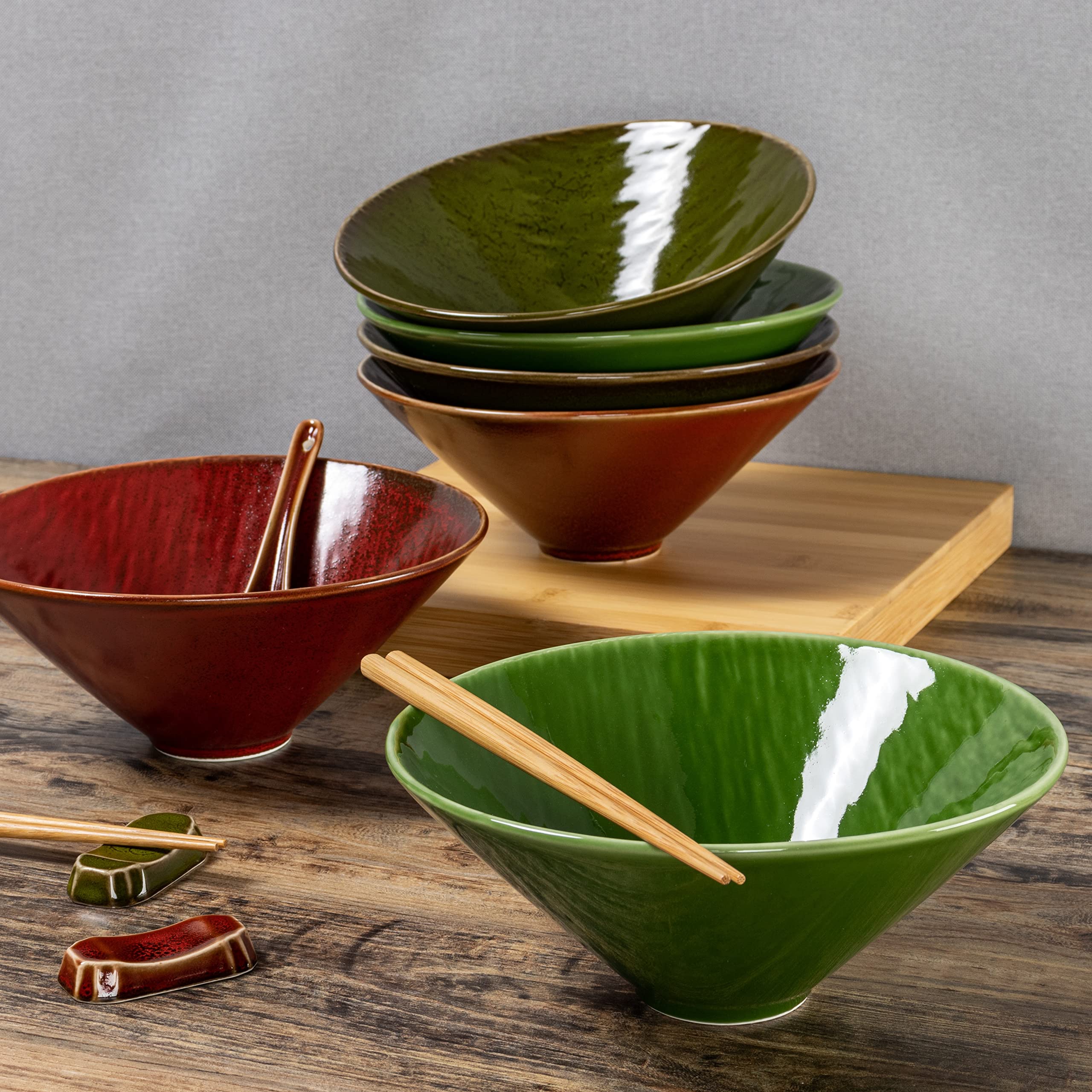 UNICASA 38oz Large Japanese Ramen Bowl Set with Chopsticks, Spoons and Stands, Ceramic Noodle Bowl Set of 2 for Udon, Pho, Soba, Salad and Soup – Reactive Glazed Light Green