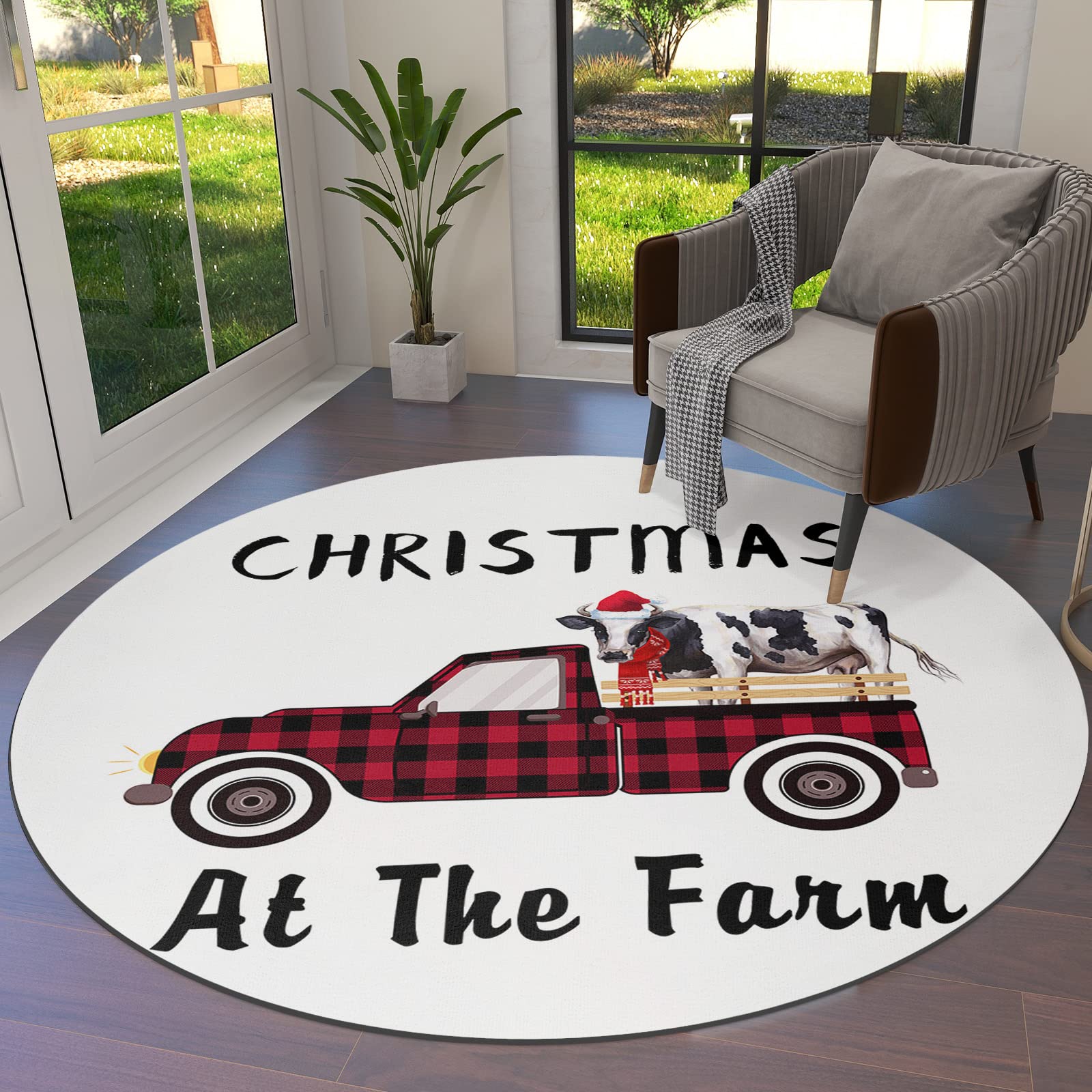 Round Area Rugs Collection 3', Christmas Truck and Cow Non Slip Indoor Circular Throw Runner Rug Floor Mat Carpet for Living Room Dining Table Bedroom Nursery Decor Vintage Retro Red Plaid