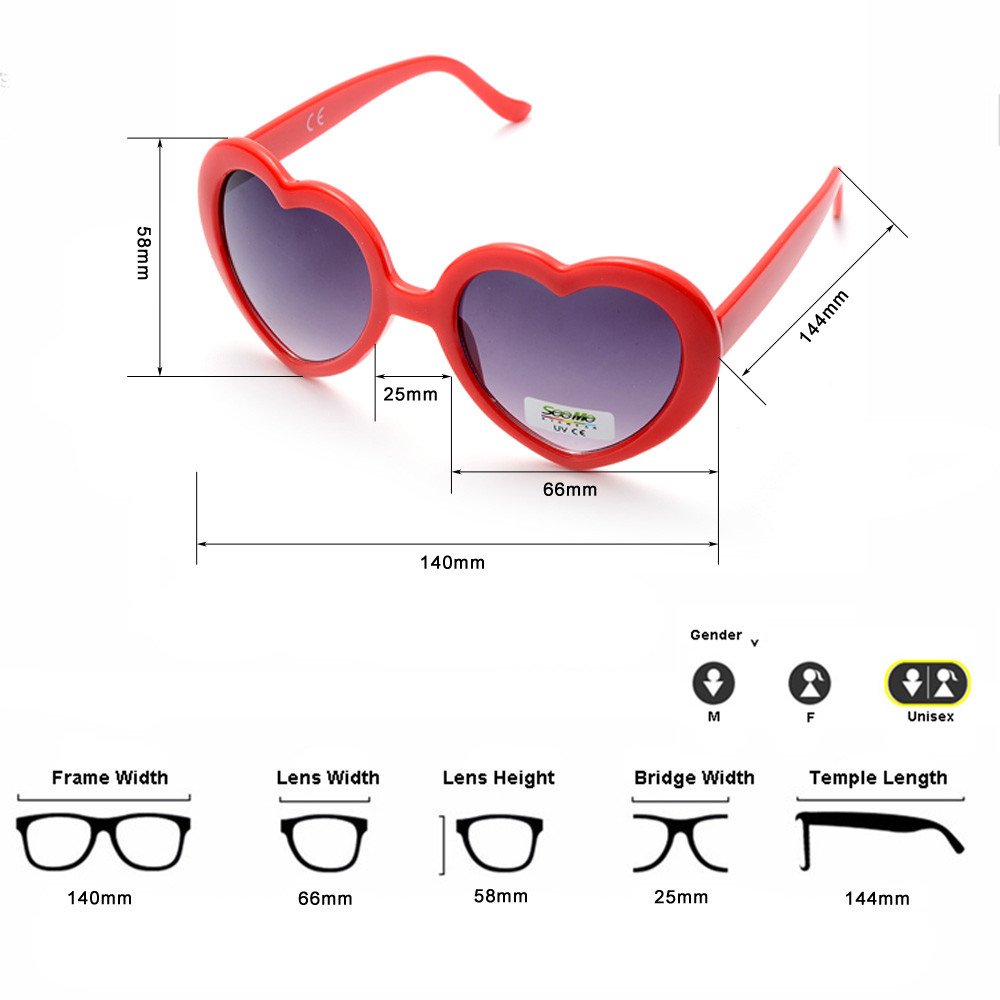 OAONNEA 6 Pack Neon Colors Party Favor Supplies Heart Shape Sunglasses (red)