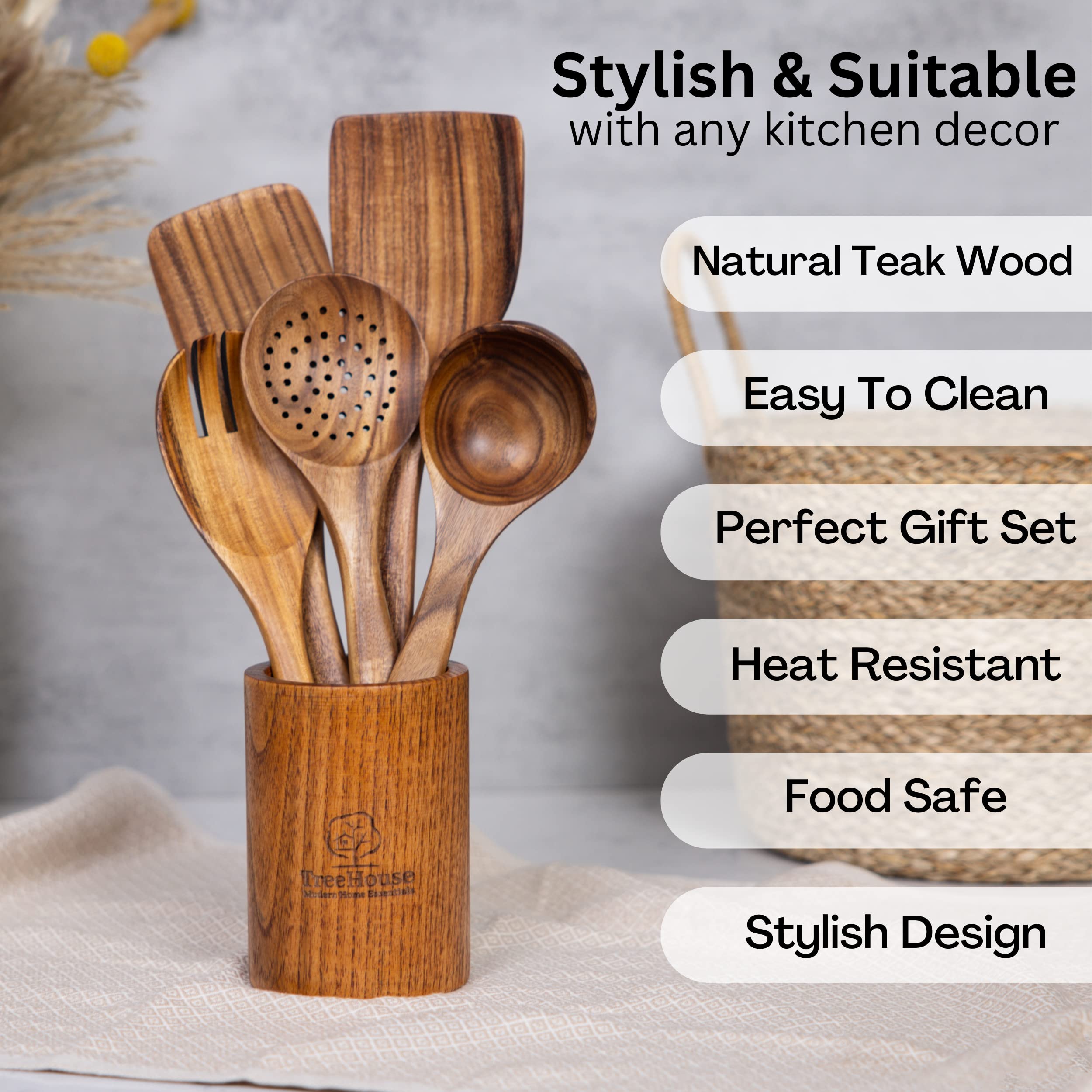 Natural Teak Wood Kitchen Gadgets use for Cooking Utensils Set, 6-Piece Wooden Spoons and Spatula with Holder, Nonstick and Healthy Kitchen Cookware for Comfortable Cooking Experience.