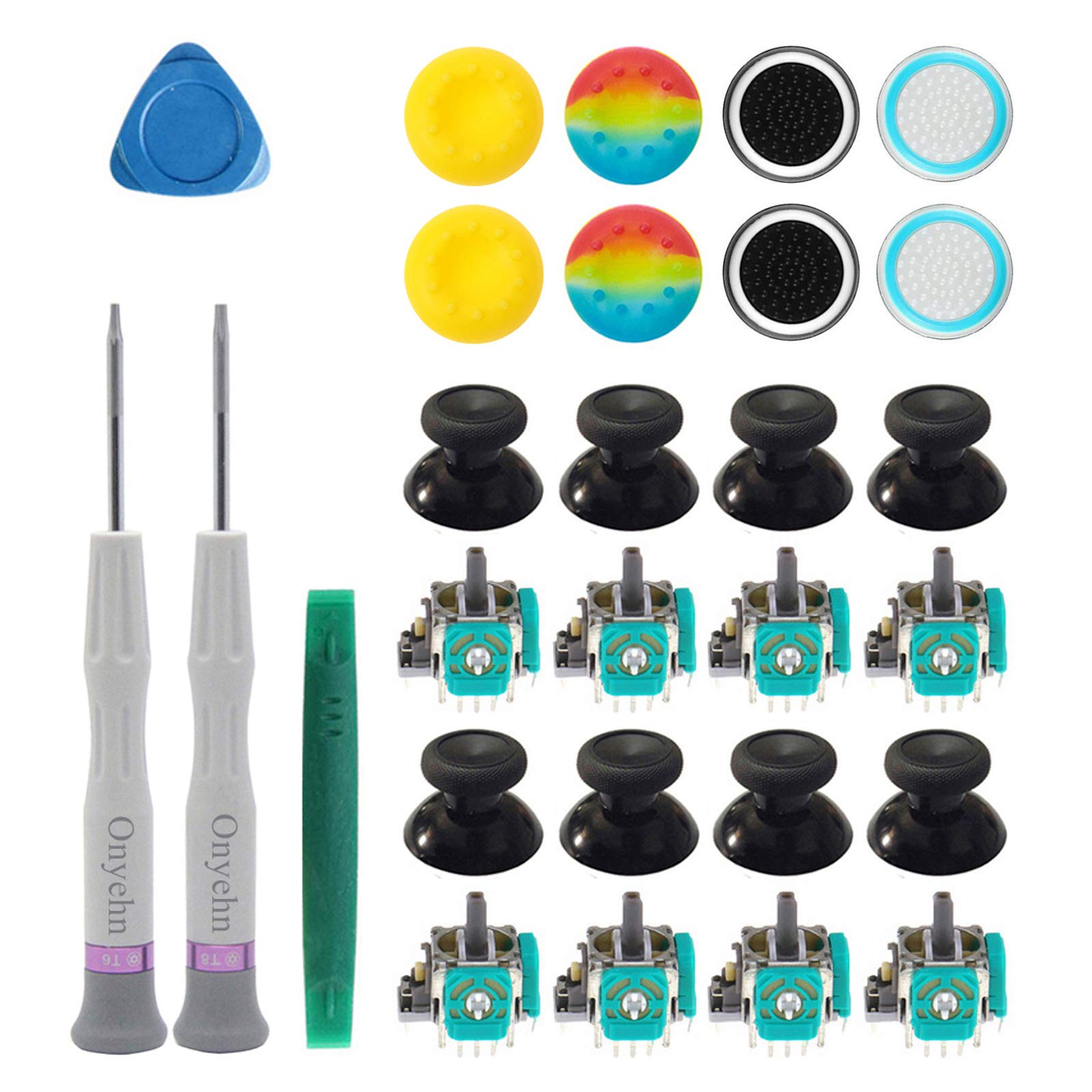Onyehn 8-Pack 3D Analog Joysticks Replacement Parts and Thumbstick Silicone Cap Cover Repair Kit for Xbox One Elite/Xbox one Wireless Controller(Include T6 T8 Screwdriver, Pry Tools Kit(28in1) )