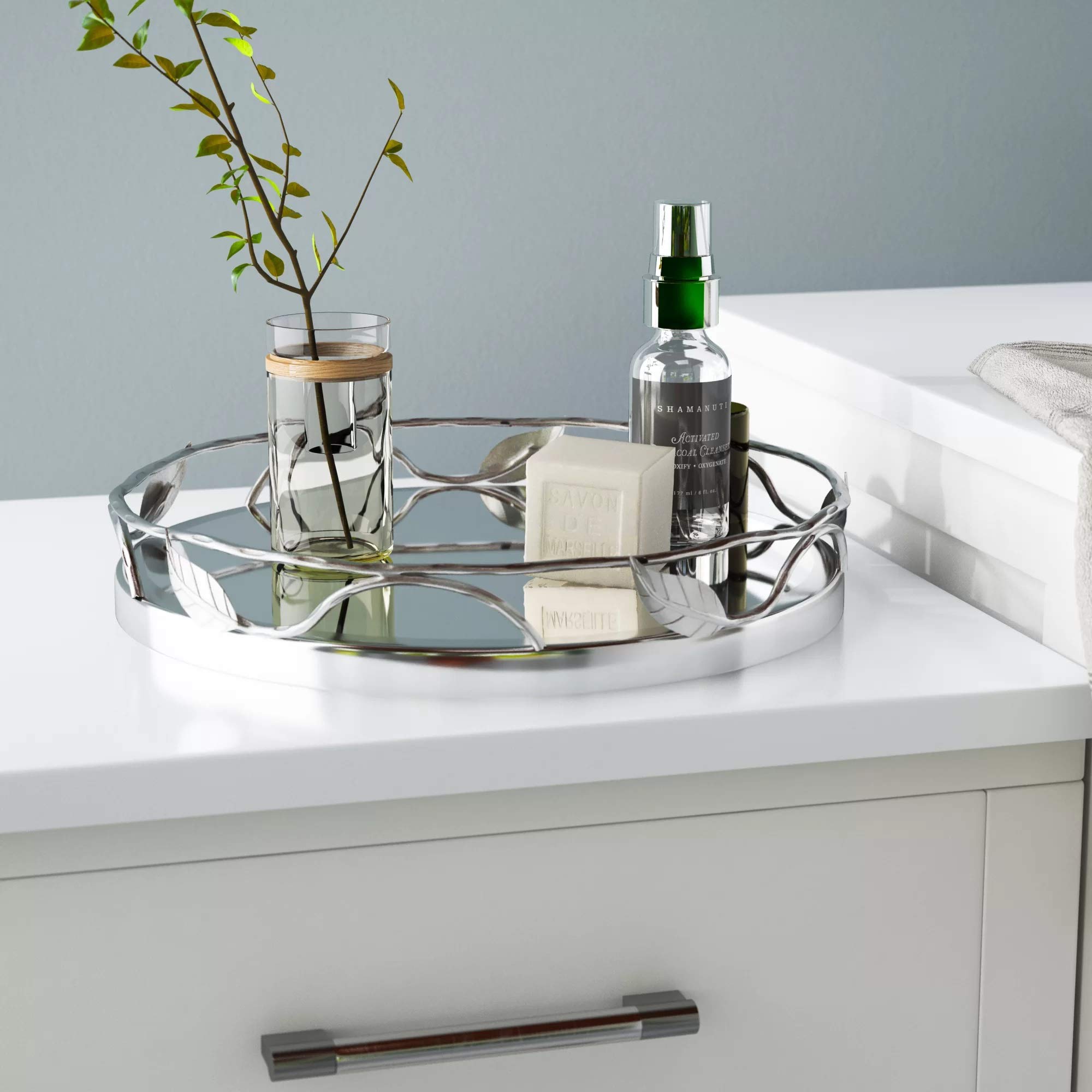 Round Mirror Tray with Nickel Leaf Design - Elegant Serving Tray - Round Mirror Vanity Tray…