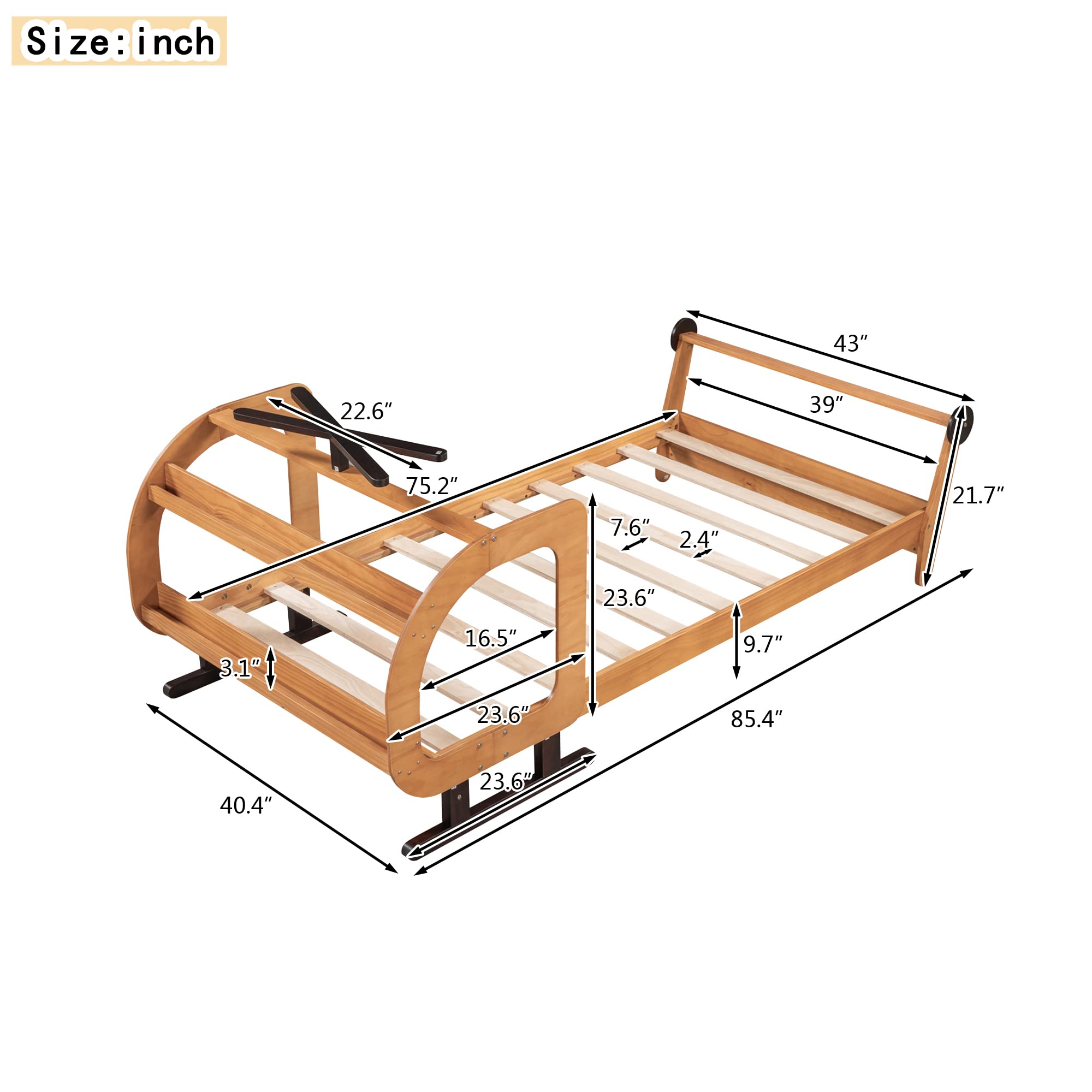 PRNDOLE Plane Shaped Twin Size Platform Bed with Rotatable Propeller and Shelves,Wood Twin Bed Frame,Natural