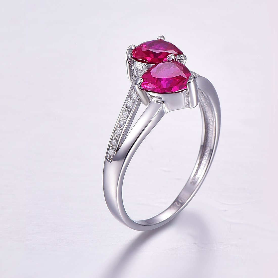 Merthus 6x6mm Heart Shape Simulated Ruby 925 Sterling Silver Double Heart Promise Ring for Women Size 8