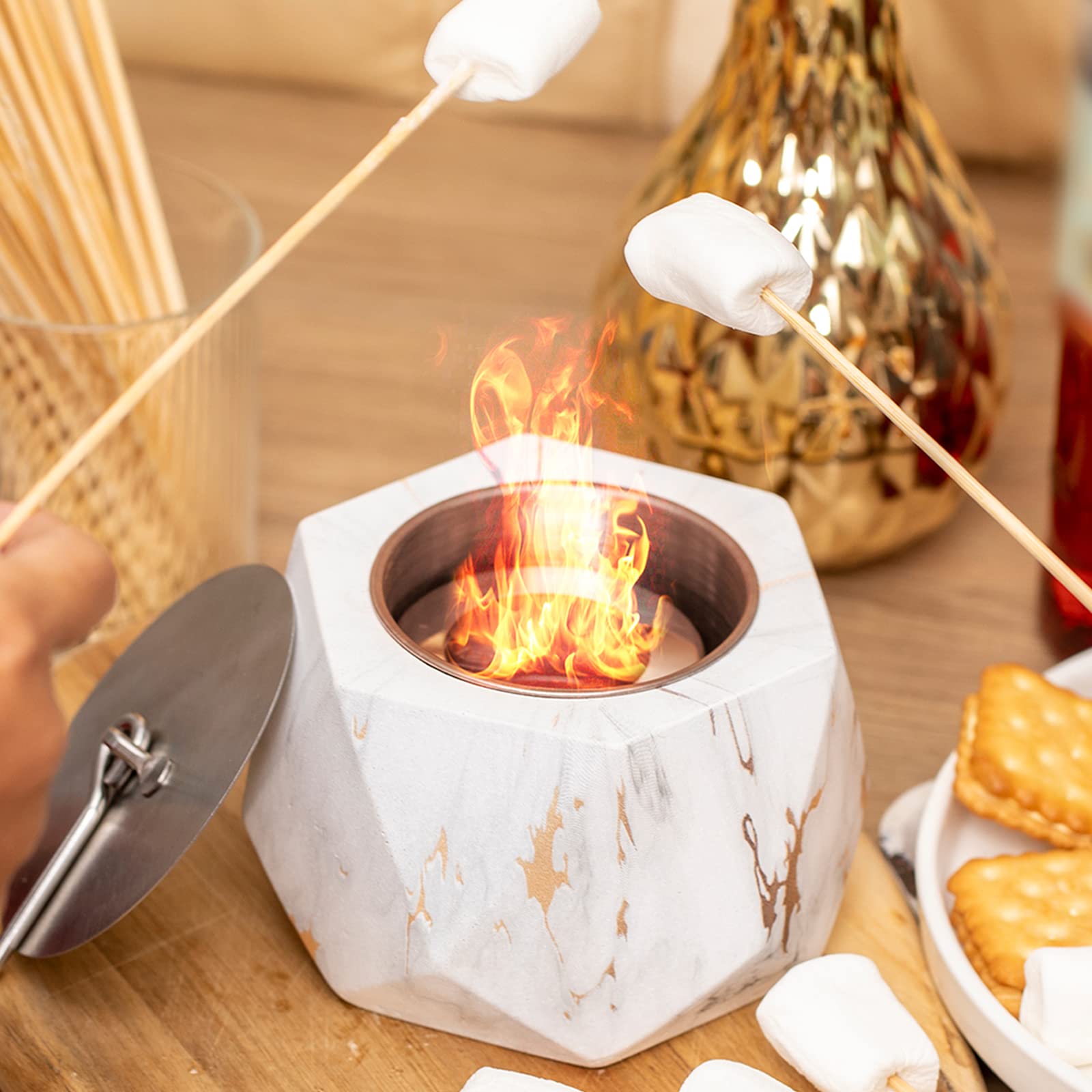 NALONE Tabletop Fire Pit Bowl, Table Top Firepit Indoor Outdoor, Portable Mini Fire Pit with Stainless Steel Burn Cups & Extinguisher, Personal Fireplace for Parties and Gifts (White-Hexagonal)
