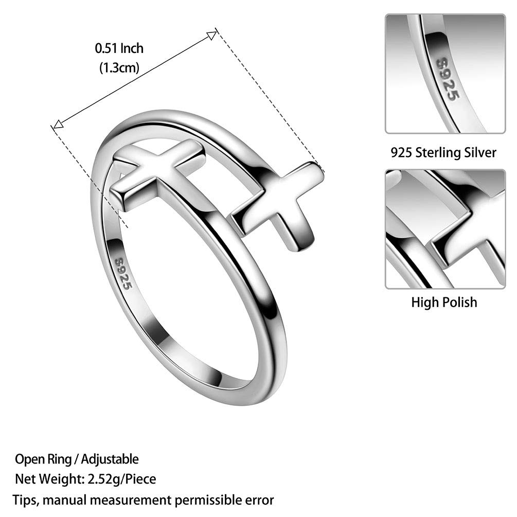 Sterling Silver Polished Cross Ring Mens Adjustable Double Wrap Sideways Cross Ring for Women Daughter friend Easter Gift Amulet Jewelry for Wedding Engagement FR0009W