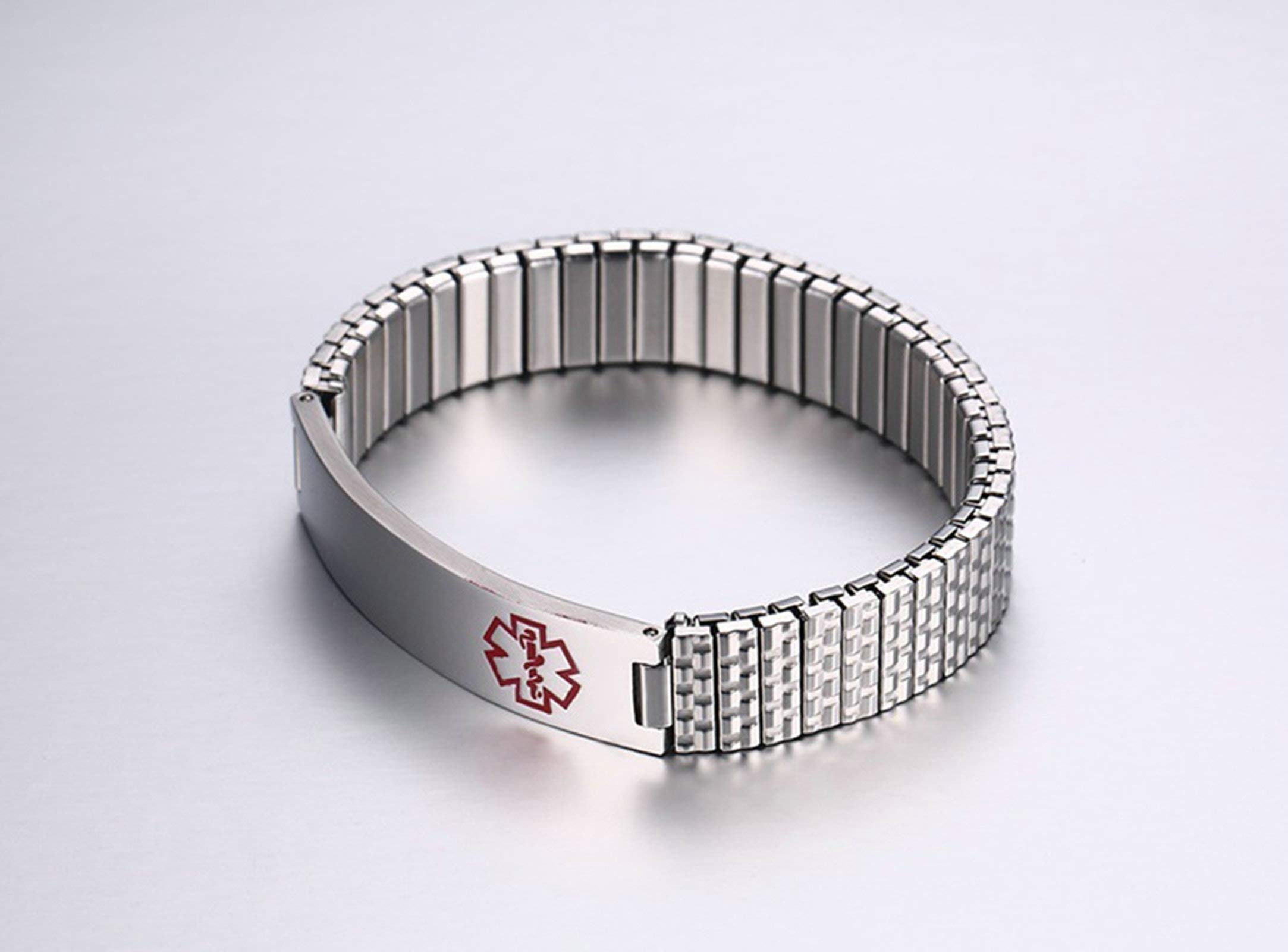 MoAndy Free Engraving Mens Womens Stainless Steel Medical Alert ID Stretch Allergy Bracelet Do Not Resuscitate(DNR) Silver 6.65 Inches