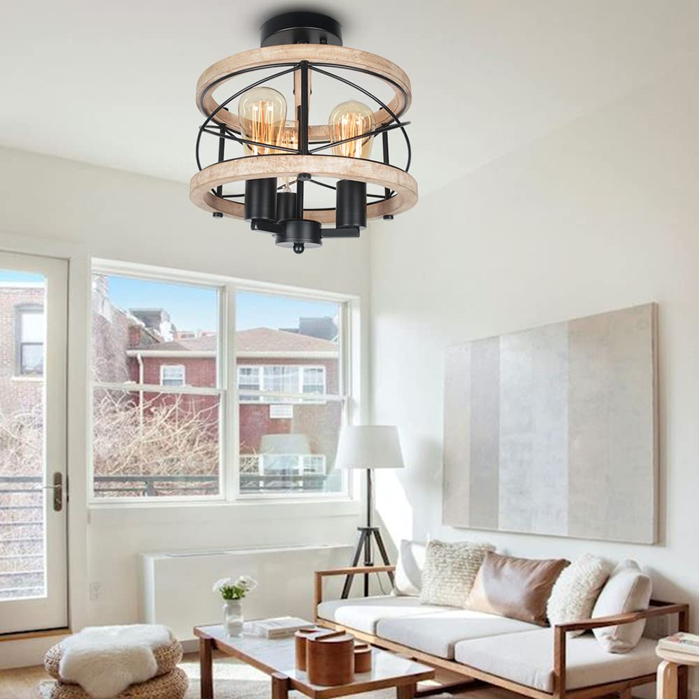 Round Rustic Semi Flush Mount Ceiling Light, Wood Farmhouse Kitchen Light Fixture Black Metal Industrial Bathroom Bedroom Cage Ceiling Lighting 3 Lights Edison E26 17121B
