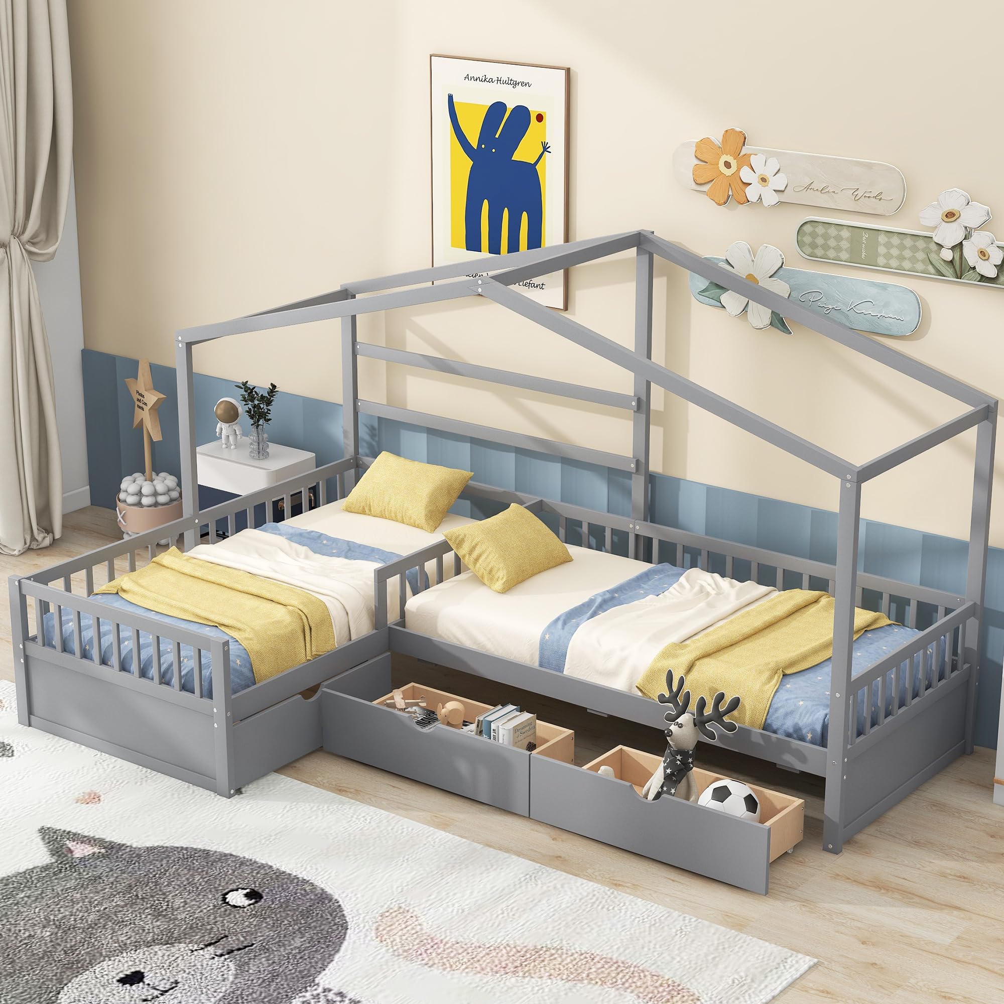 PRNDOLE Twin Size House Platform Bed with 3 Storage Drawers,L Shape Platform Beds for Children,Gray