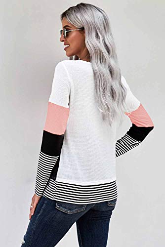 SMENG Womens Long Sleeve Tops Fashion Fall Clothes 2024 Pink Shirts for Women Waffle Knit Cute Casual Striped Patchwork Blouses Pink L