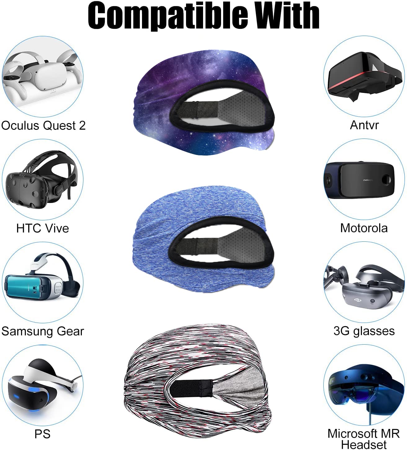 VR Eye Mask Face Cover Breathable Elastic Sweat Band Adjustable Sizes HMD Padding Use for VR Workouts ,Compatible with Mate Quest 2/Oculus Rifts/HTC Vive Pro 2 and Other VR Headsets(3PC)