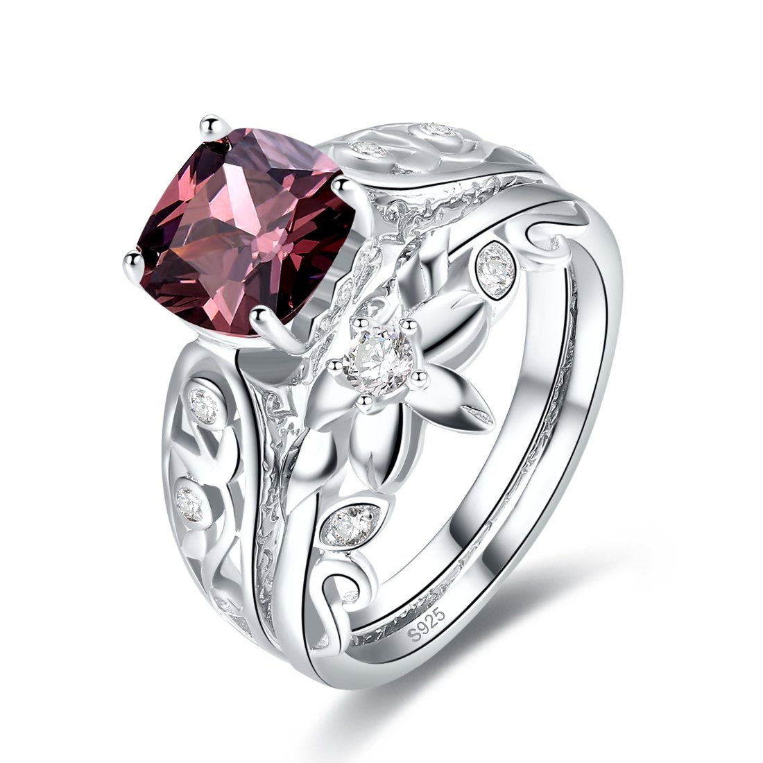 Merthus 8x8mm Cushion Cut Simulated Spessartine Garnet 925 Sterling Silver Vine Leaf Wedding Ring Band Bridal Ring Set for Women Size 8