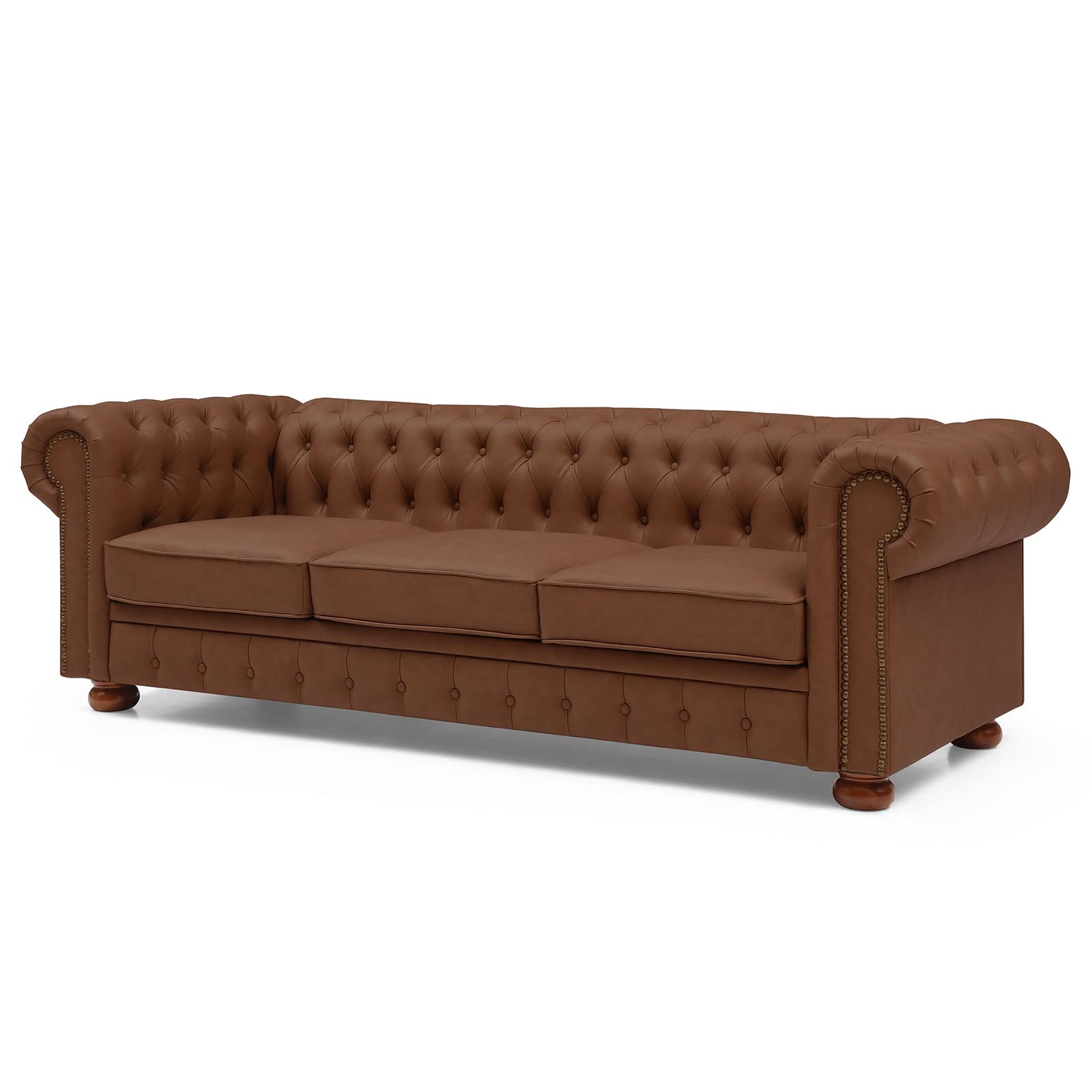 Neylory Leather Couches for Living Room, 3 Seater Classic Chesterfield Sofa Couch with Button Tufted Back and Roll Arms, 88.5-Inch Faux Leather Sofa with Nailhead Trim and Solid Wood Legs (Brown)