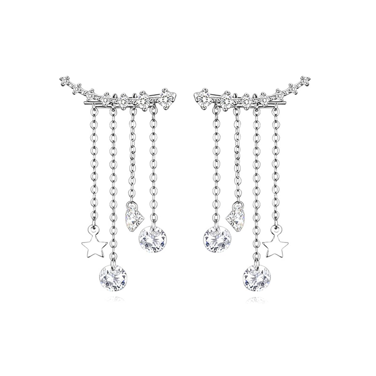 Reffeer Solid 925 Sterling Silver Crawler Earrings Tassel Chain Dangle for Women 7 Crystal Cuff Earrings Chain Wraps Climber