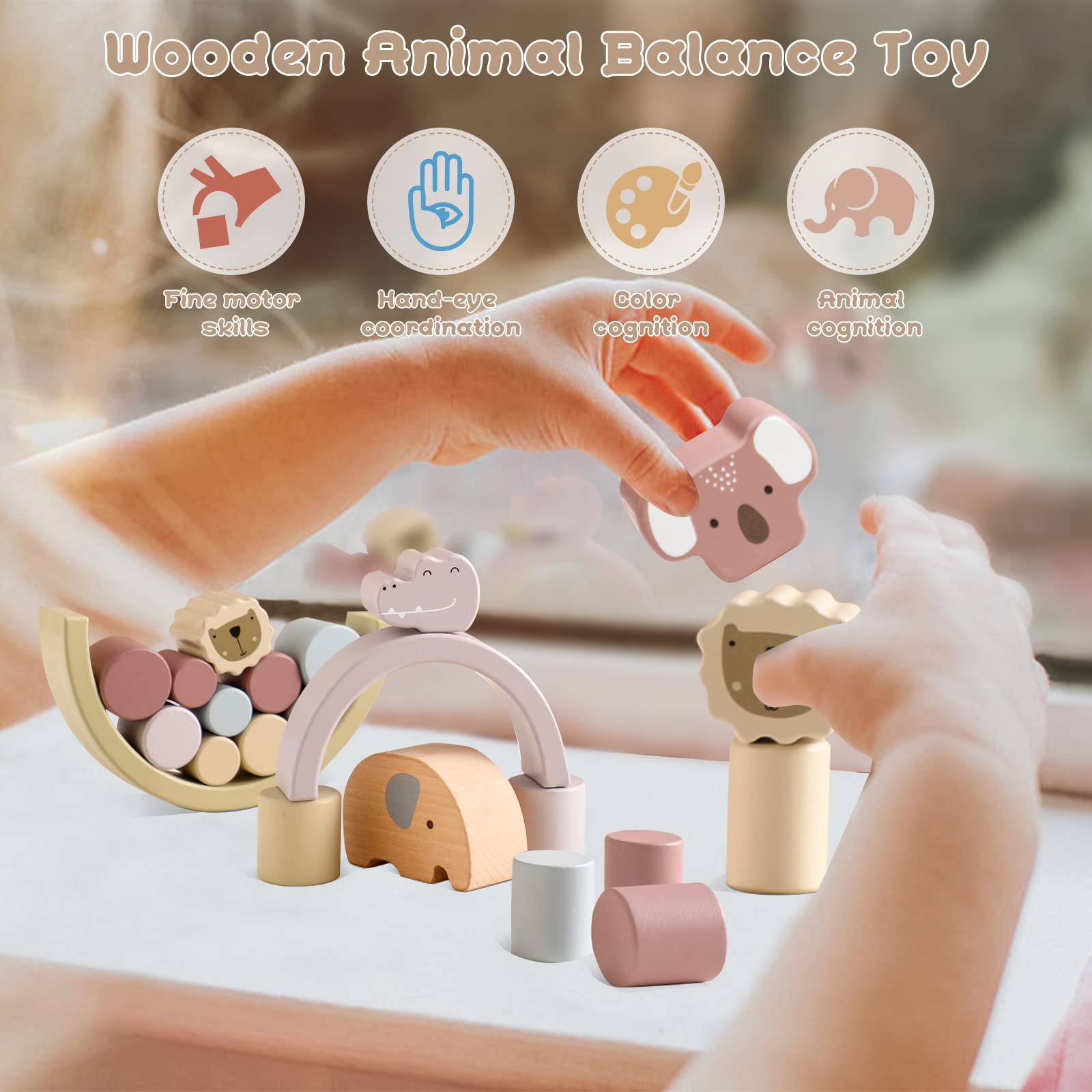 Wooden Stacking Toys for Toddlers with Wooden Rainbow Stacking Toy, Animal Stacking Balancing Blocks Montessori Building Blocks for Preschool Kids Stacking Skill Developing Intelligence Play Kits