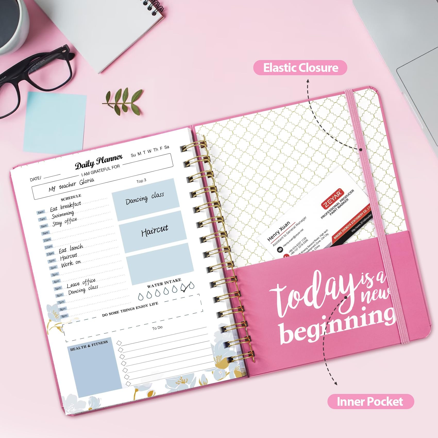 Siltamu Daily Planner Undated 6.1″ x 8.5″,To Do List Notebook with Hourly Schedule,Meal Planning and Spiral Appointment Organizers for Men and Women with Pocket and Pen Loop - Pink