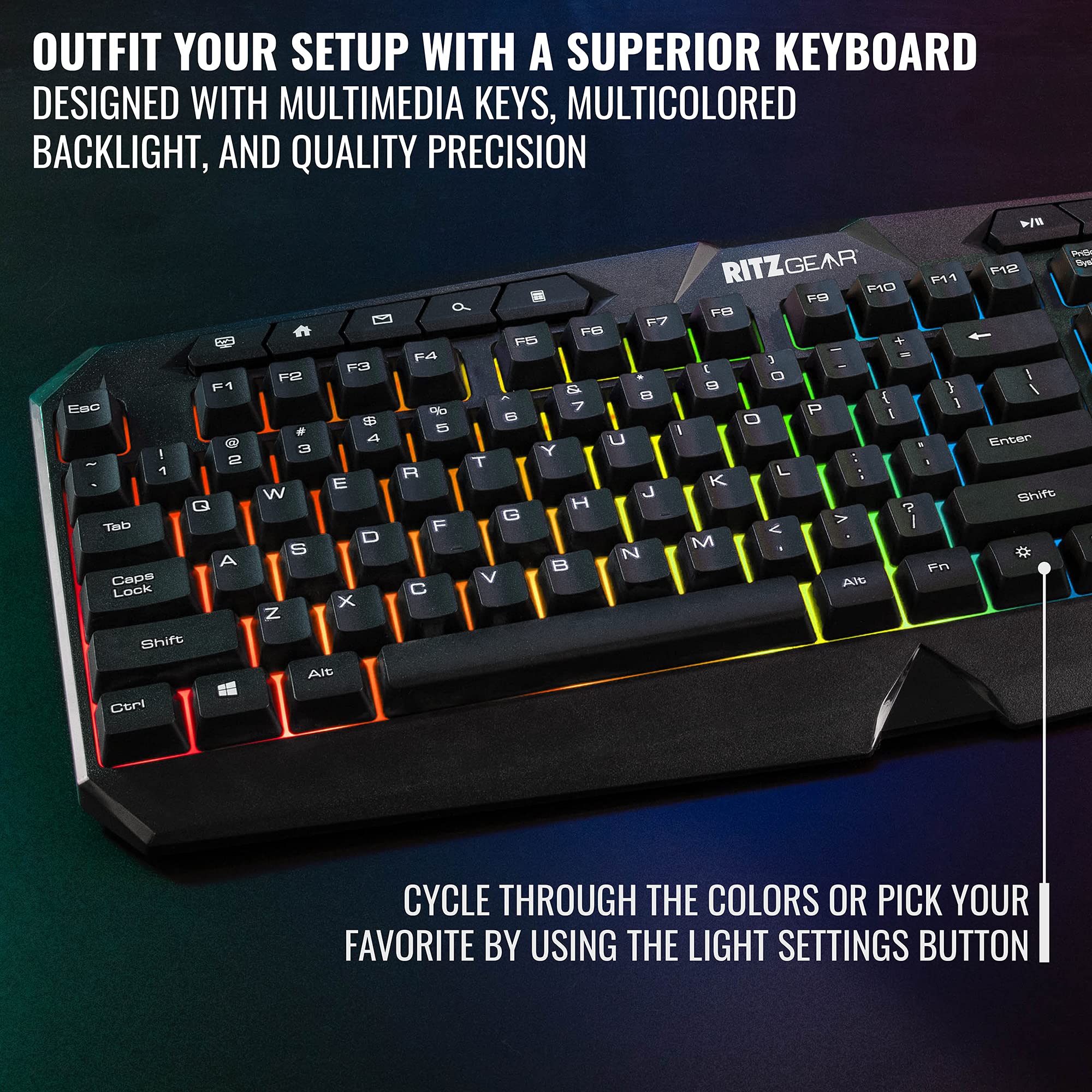Ritz Gear RGB Gaming Accessories Kit | 4-in-1 Rainbow LED Backlight Bundle PC Combo with Multimedia Keyboard, Optical Mouse, Mouse Pad & Headset w/Adapter | for Windows 7+ Desktop, Laptop, Xbox & PS4