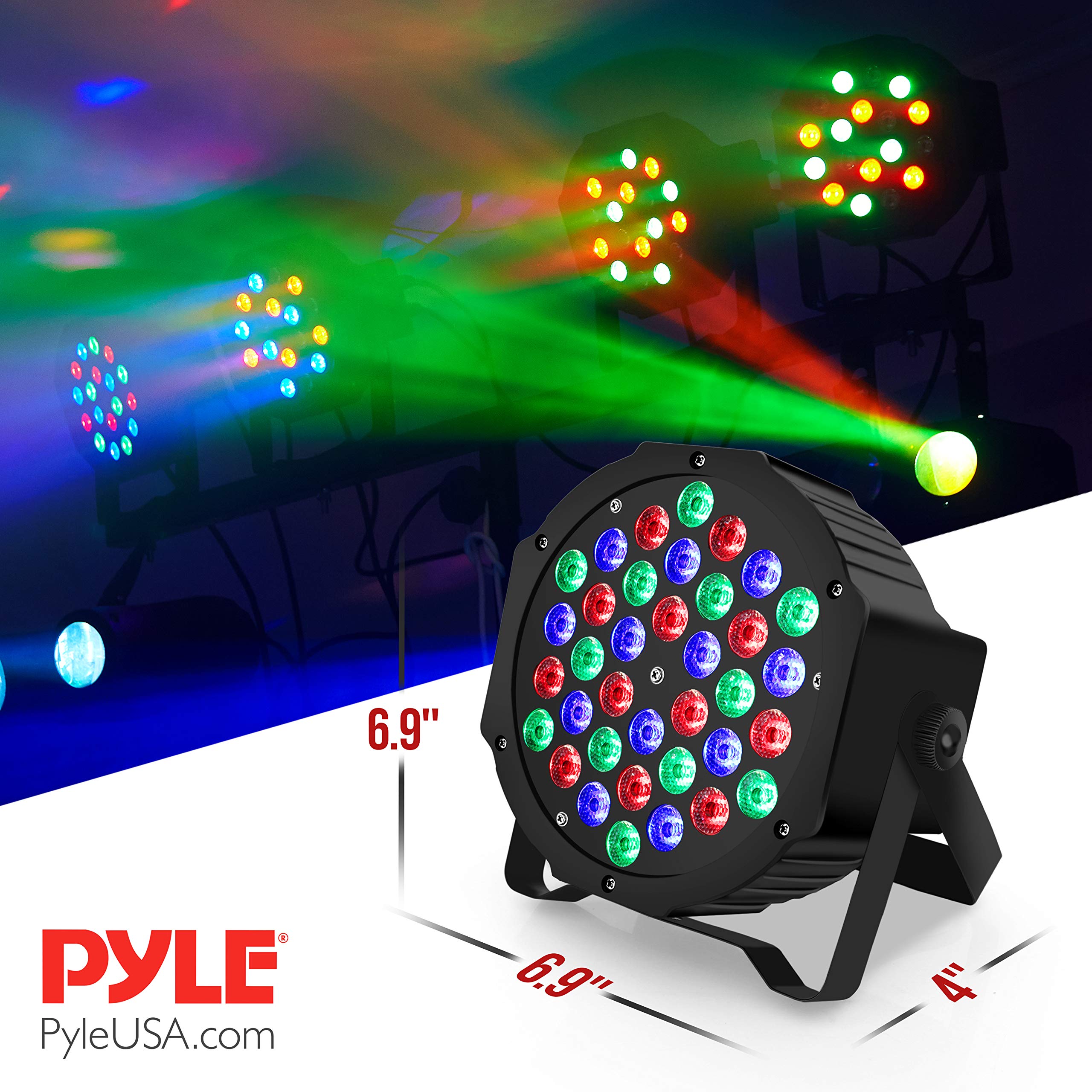 Pyle 4pcs Dj Par Lights Set - DMX, 40W 36 RGB LED Stage Projector Lights Package w/ Sound Sync, Master-Slave Mode - Professional Party Nightclub Lights Uplighting Lights for Events - Pyle PLDJLT44